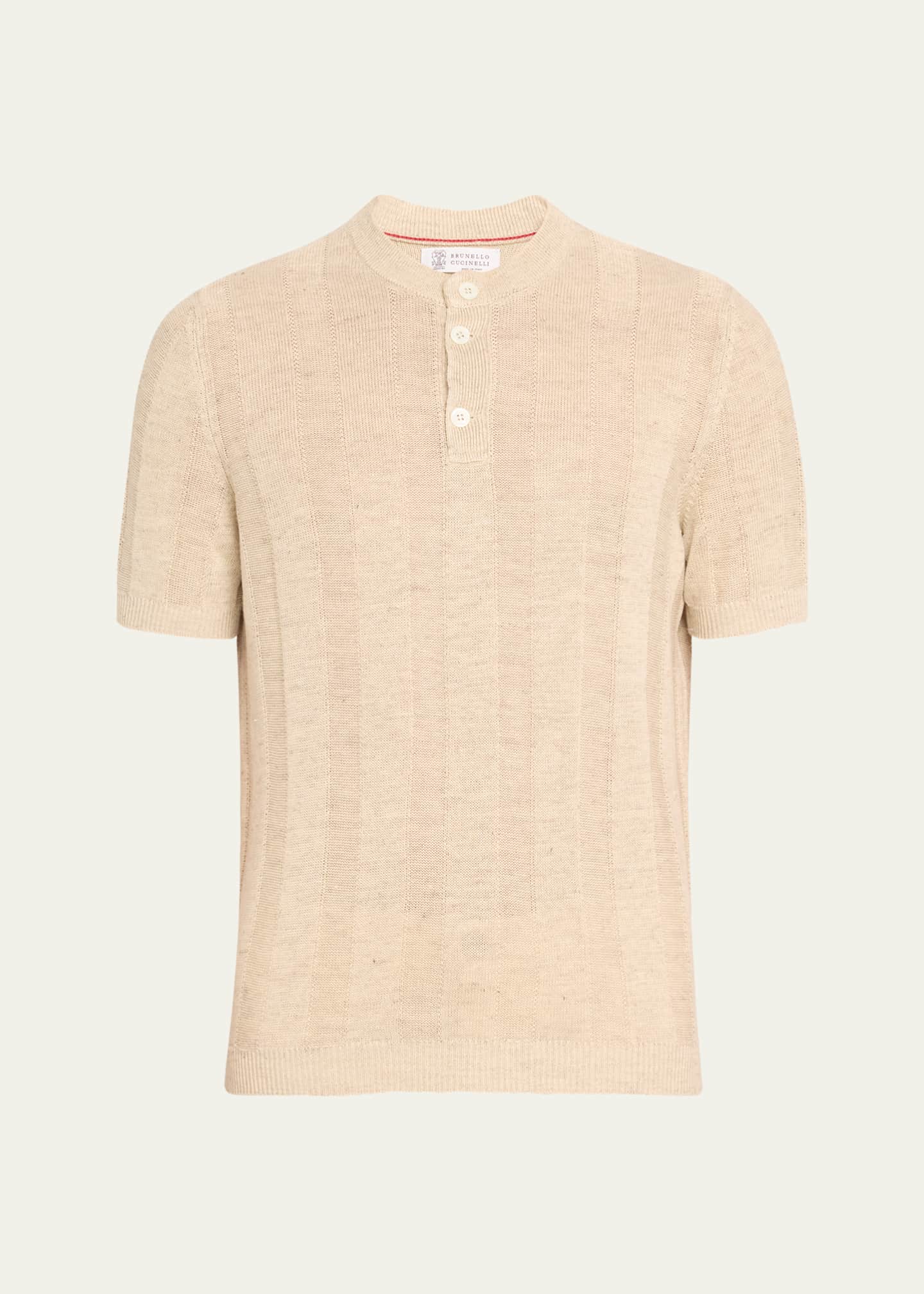 Brunello Cucinelli Men's Stripe Knit Henley Polo Sweater - Bergdorf Goodman