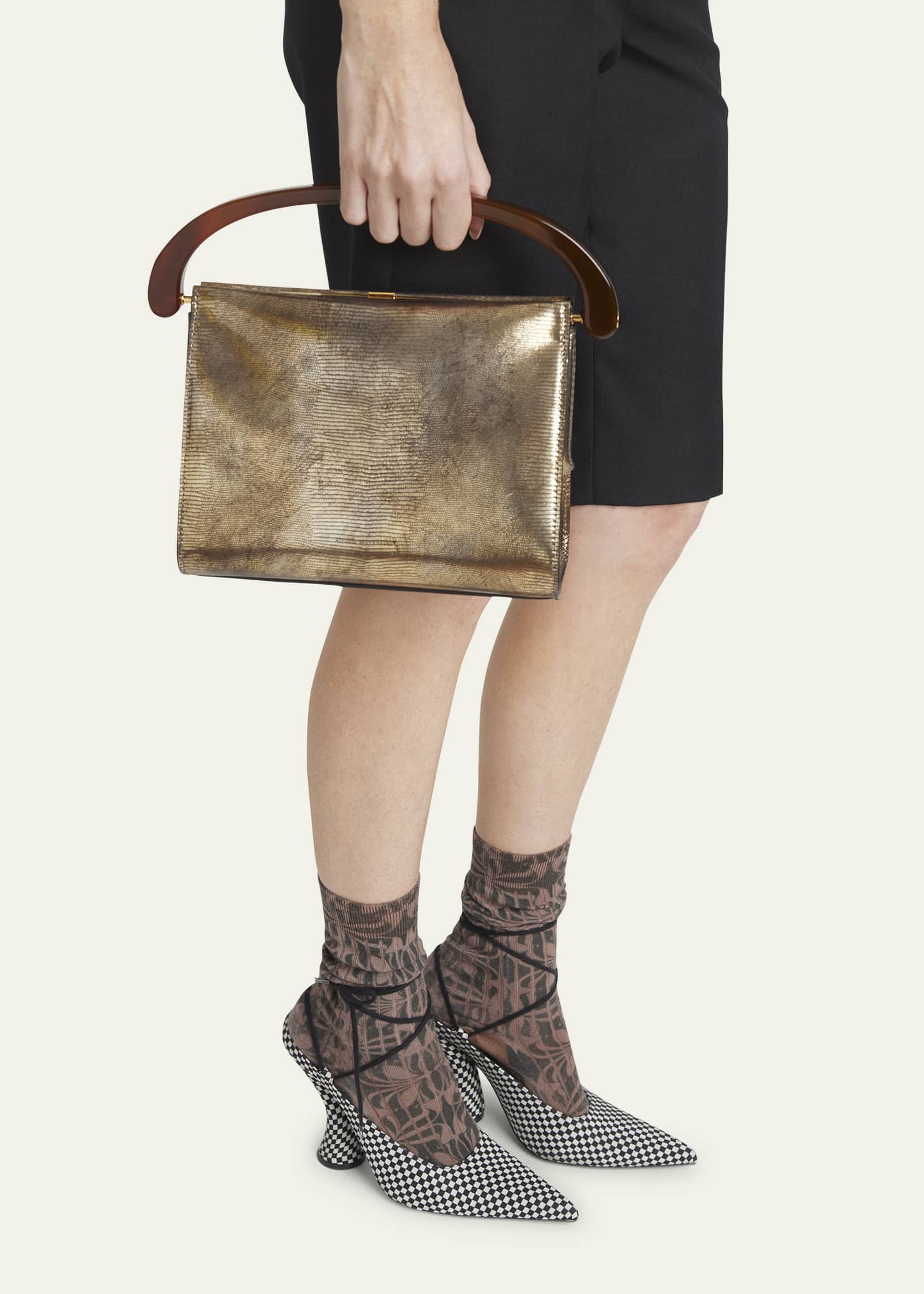 Dries Van Noten Crisp Metallic Lizard-Embossed Top-Handle Bag ...