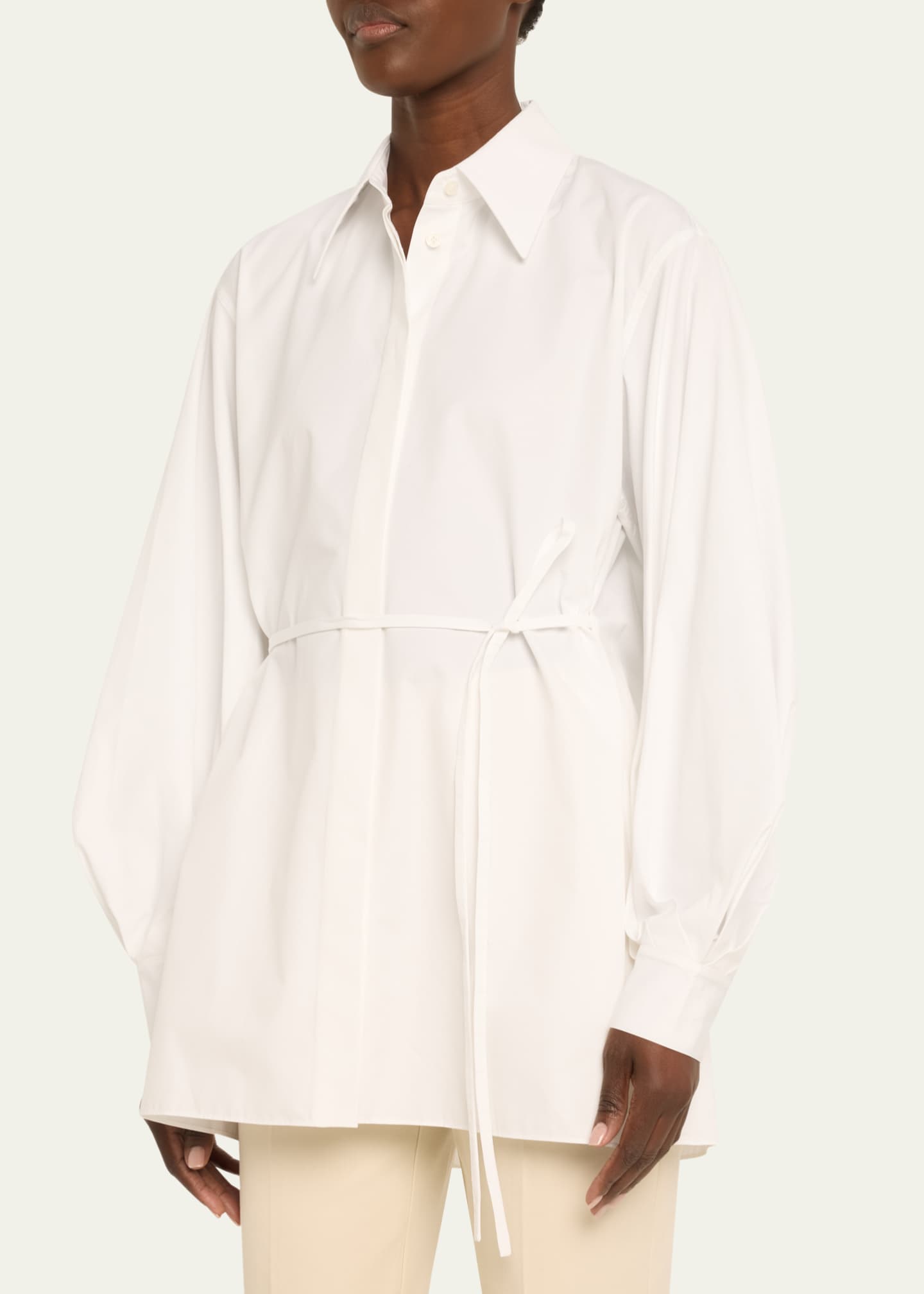 Lafayette 148 New York Pleated Tie-Waist Organic Cotton Poplin Shirt - Bergdorf Goodman