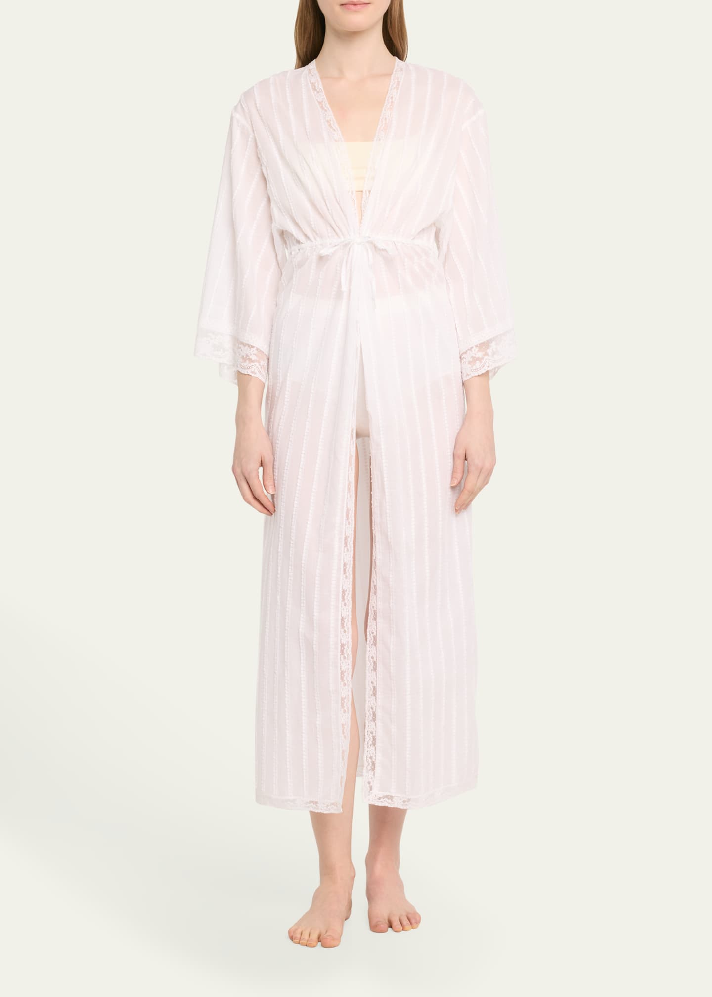 Eres Lactee Striped Lace-Trim Cotton Robe - Bergdorf Goodman