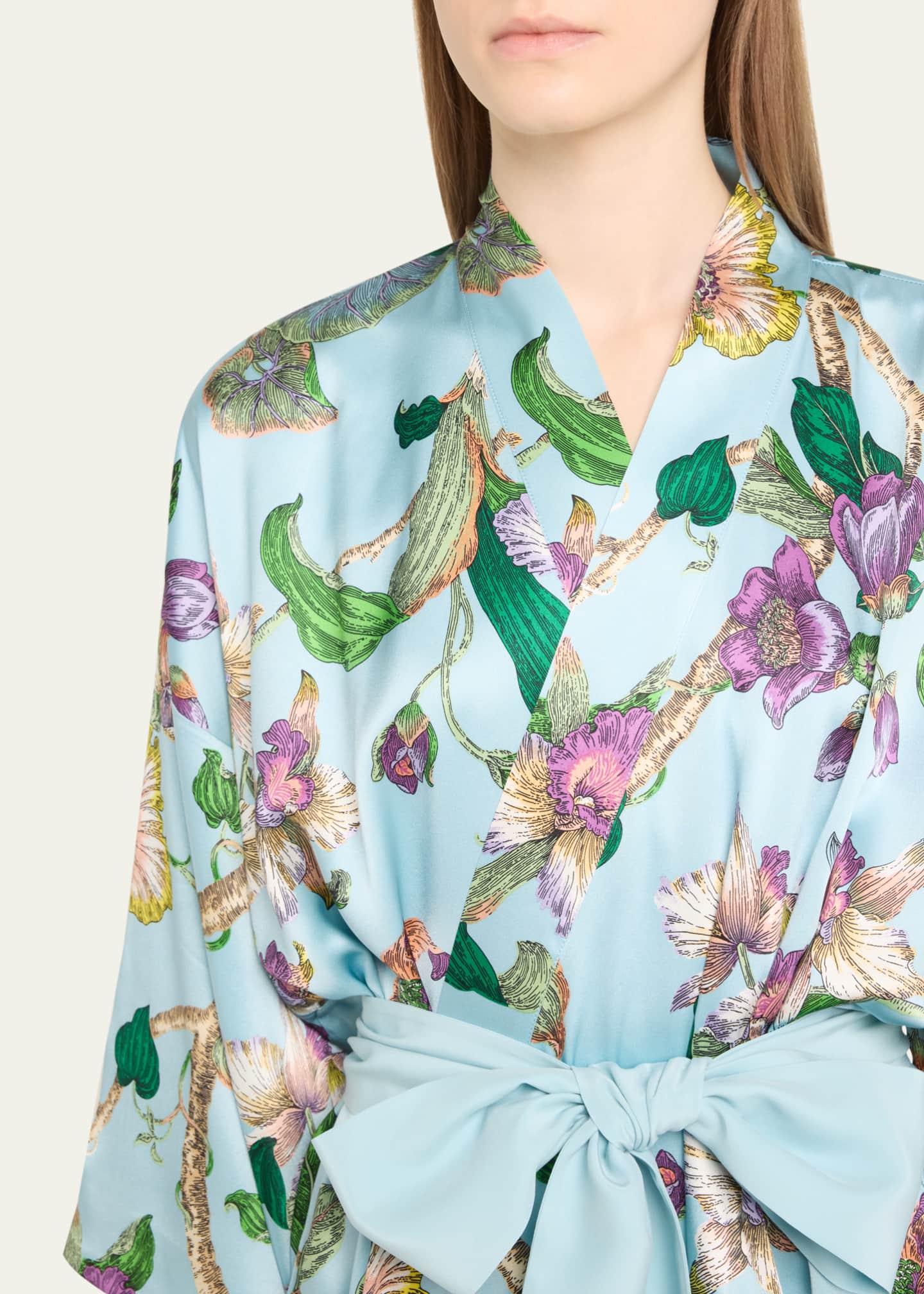 Olivia von Halle Queenie Floral-Print Silk Kimono Robe - Bergdorf Goodman