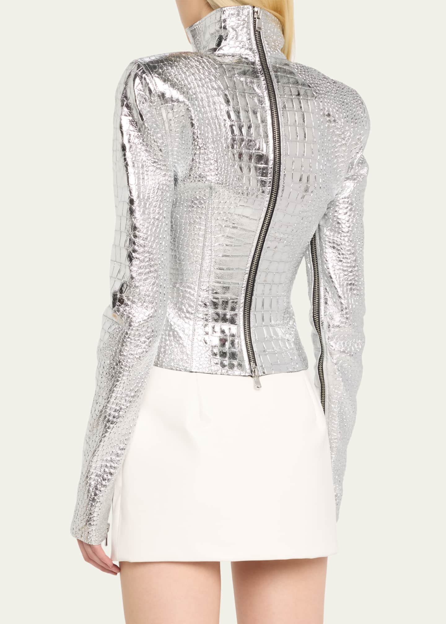 LaQuan Smith Metallic Croc-Embossed Leather Jacket - Bergdorf Goodman