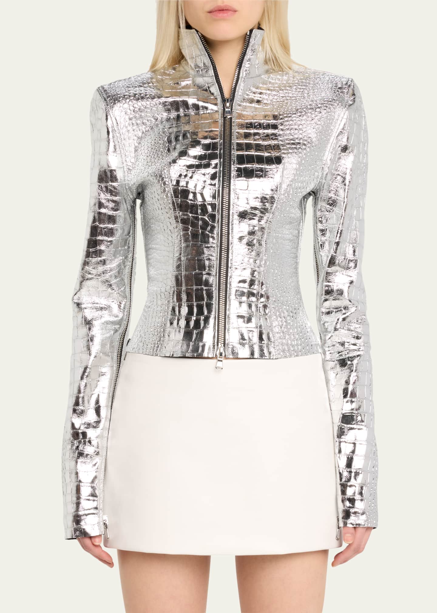 LaQuan Smith Metallic Croc-Embossed Leather Jacket - Bergdorf Goodman