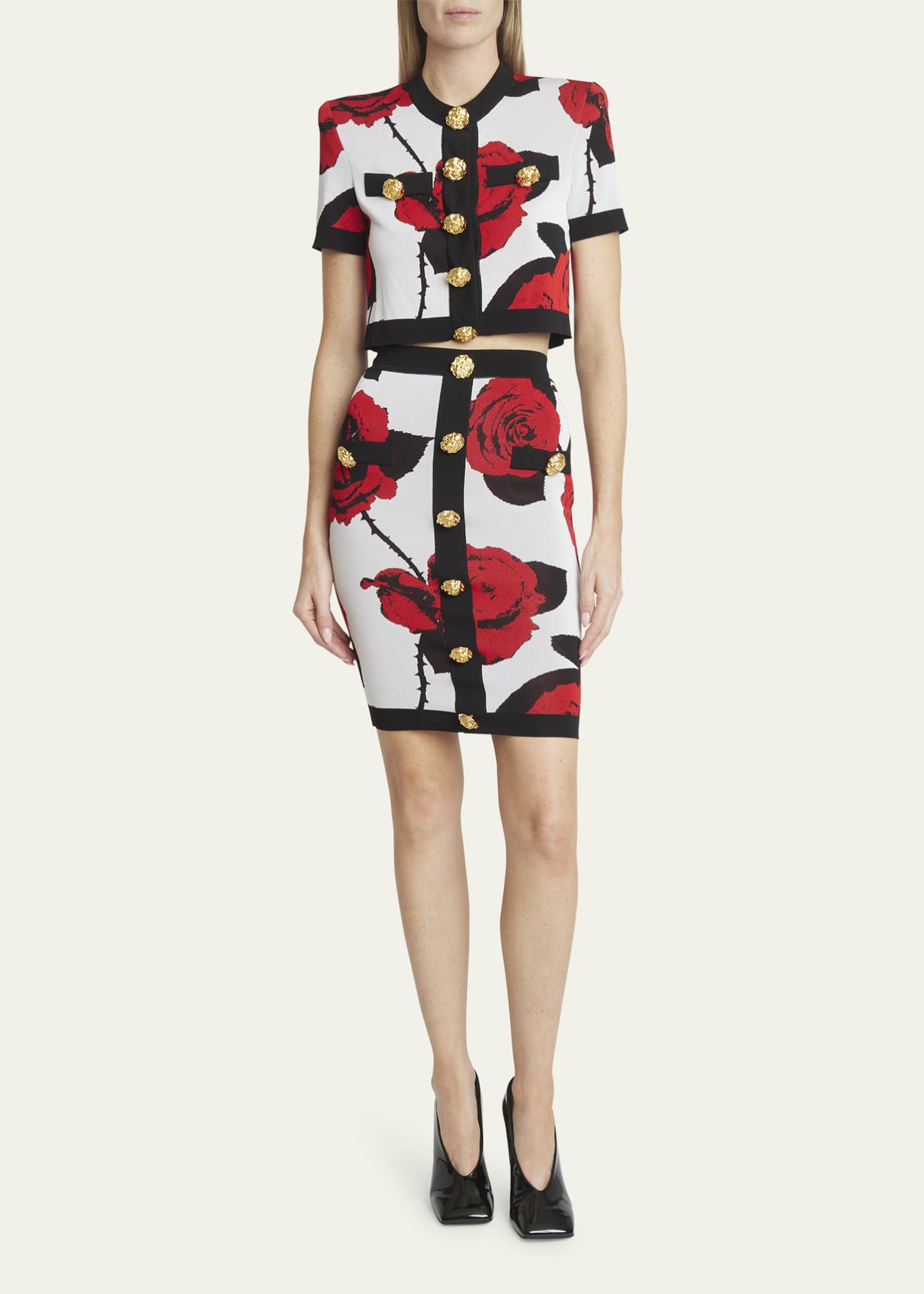 Balmain Rose Print Knit Pencil Skirt with Button Detail - Bergdorf Goodman