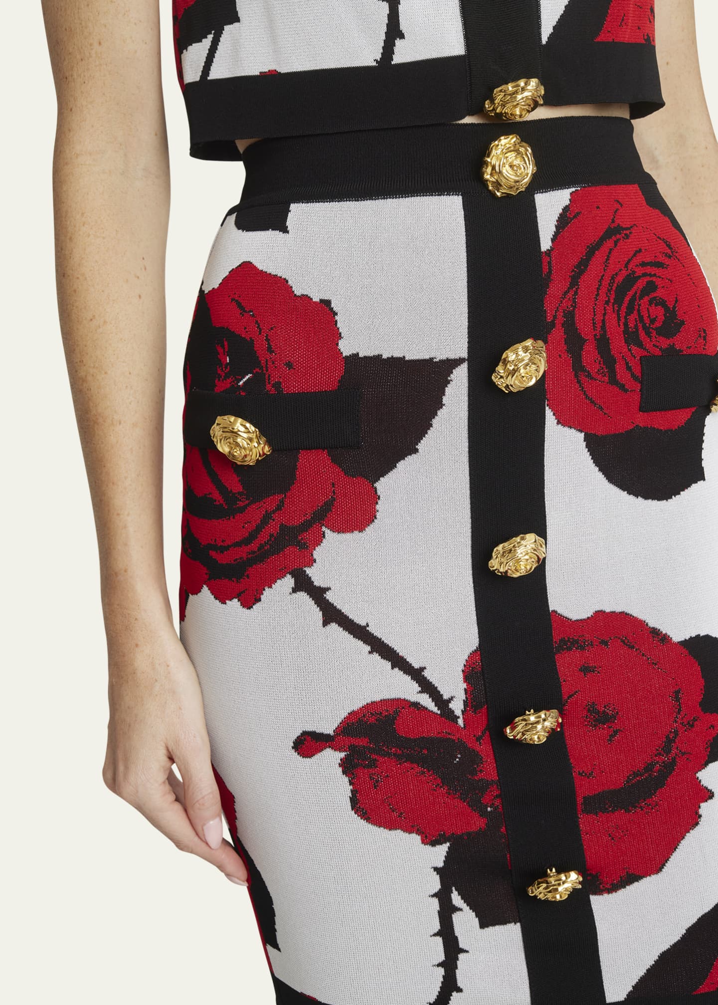 Balmain Rose Print Knit Pencil Skirt with Button Detail - Bergdorf Goodman