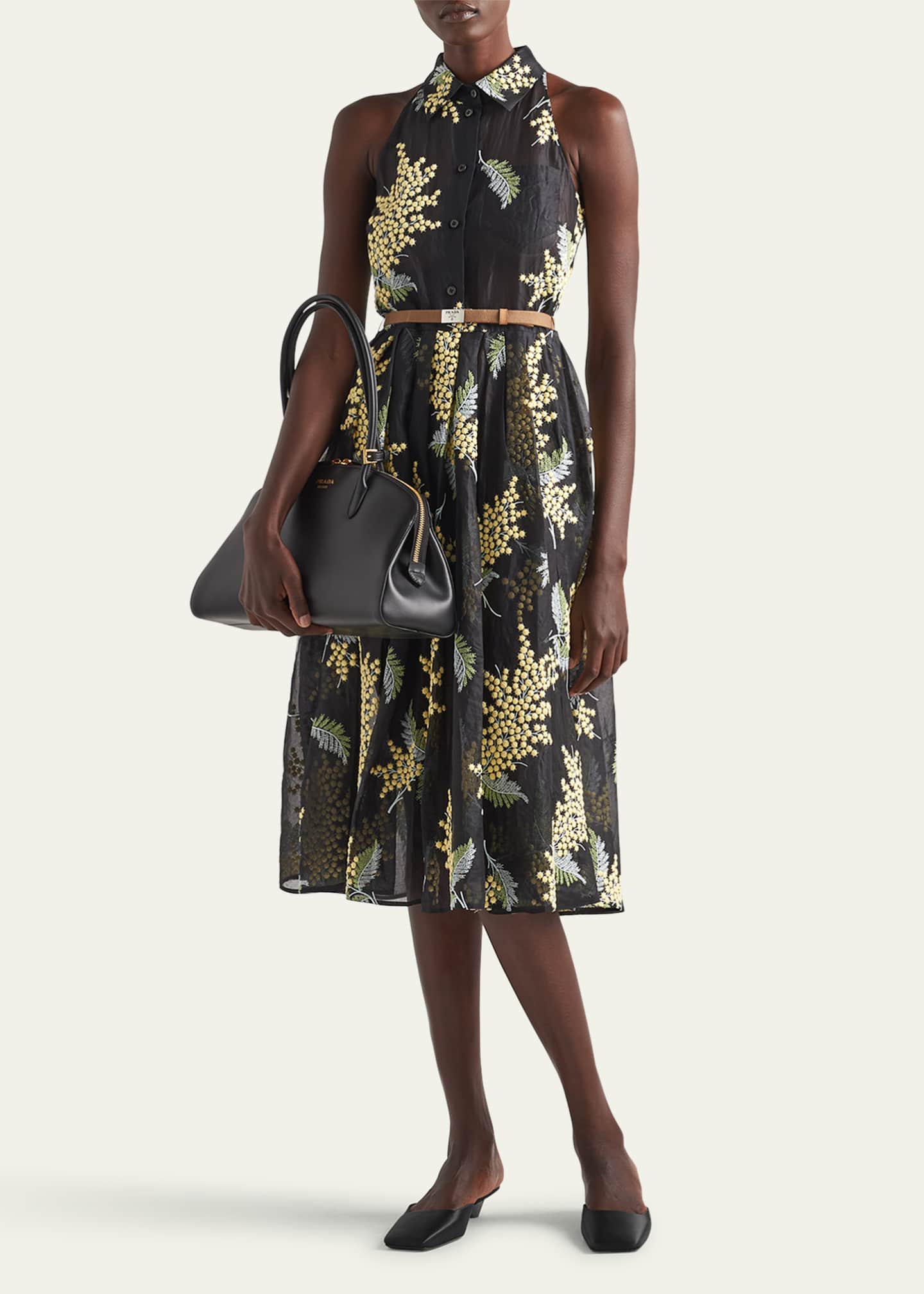 Prada Embroidered Organza Sleeveless Belted Midi Dress - Bergdorf Goodman