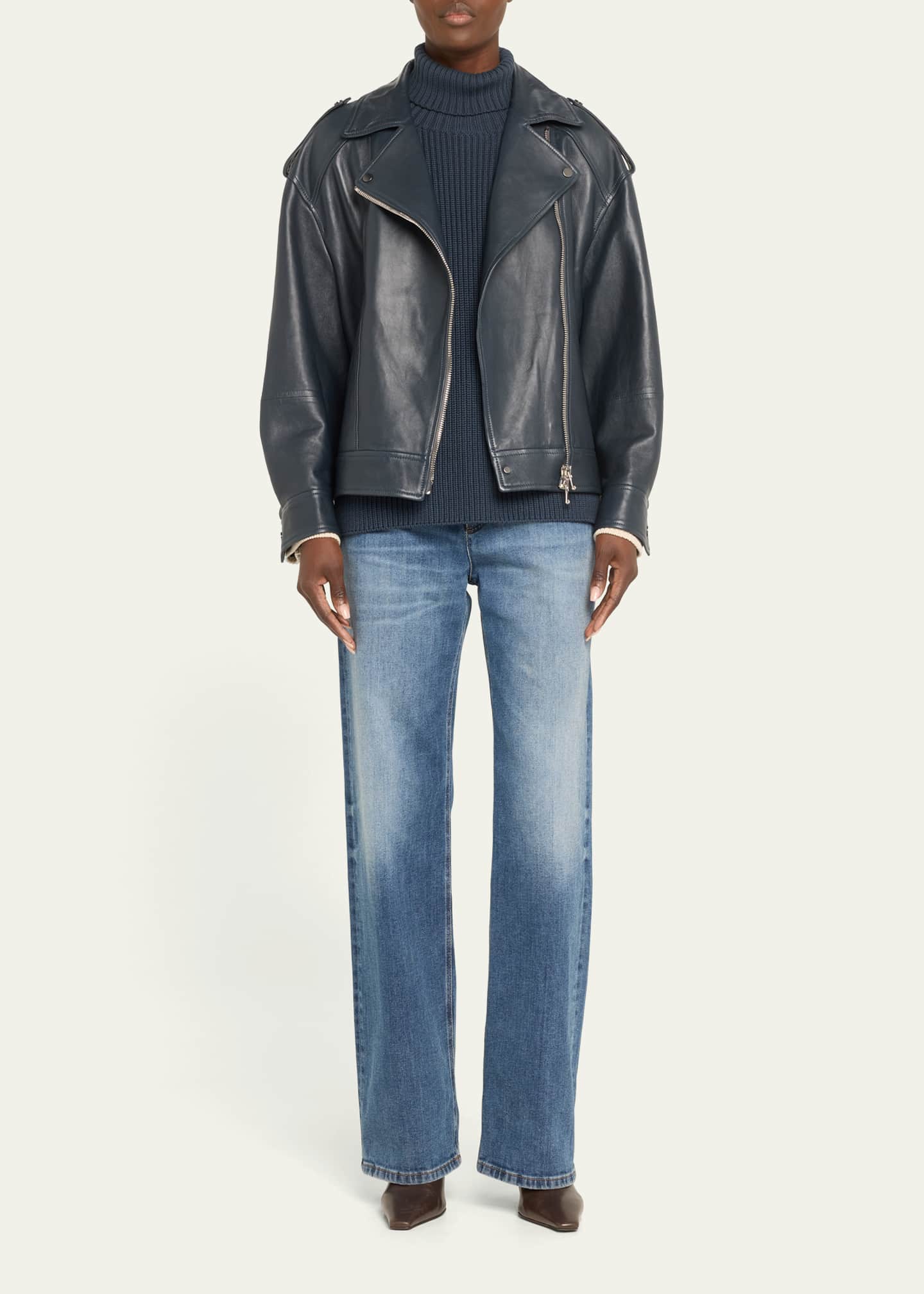 Brunello Cucinelli Smooth Glove Leather Oversized Moto Jacket ...