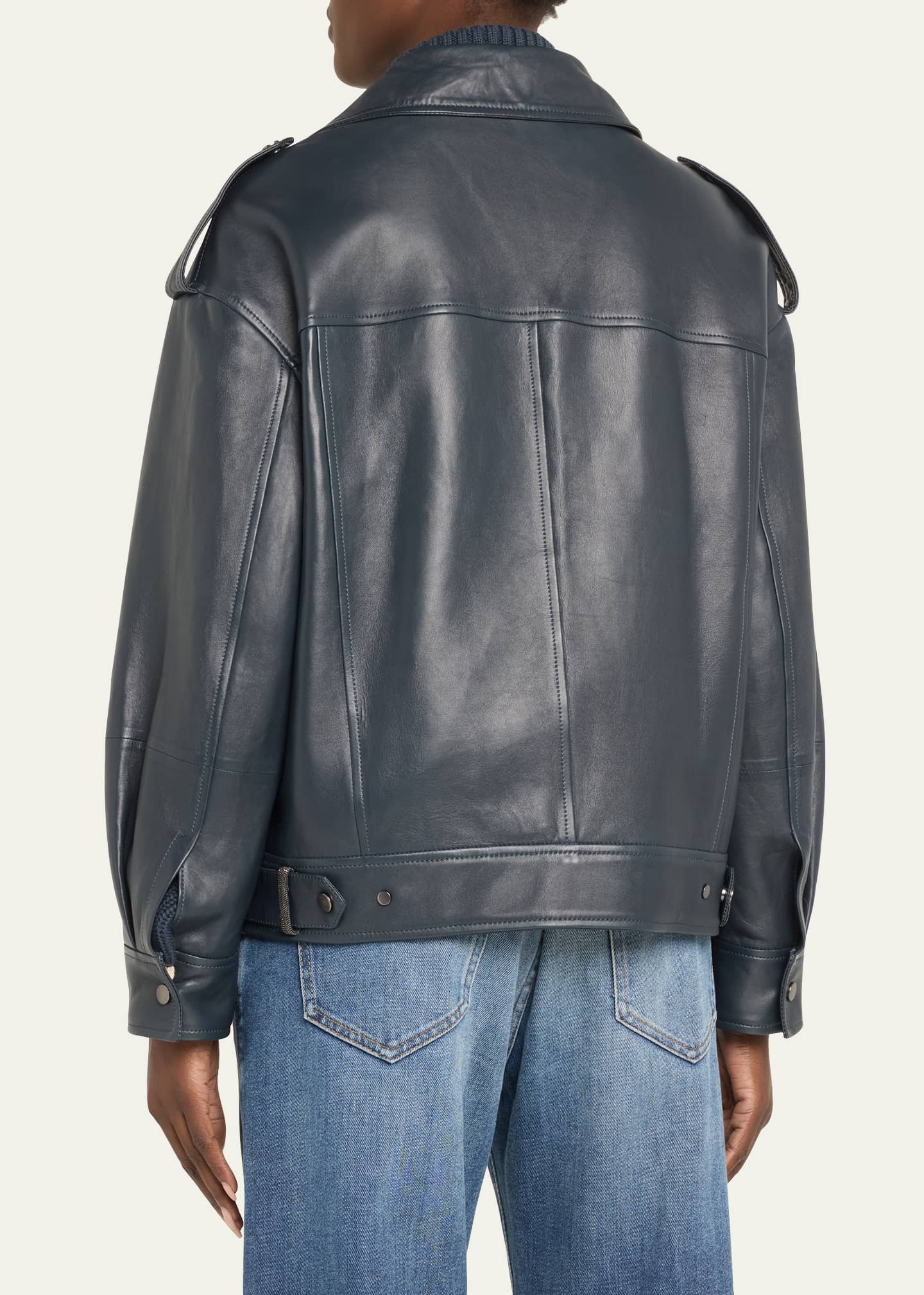 Brunello Cucinelli Smooth Glove Leather Oversized Moto Jacket ...