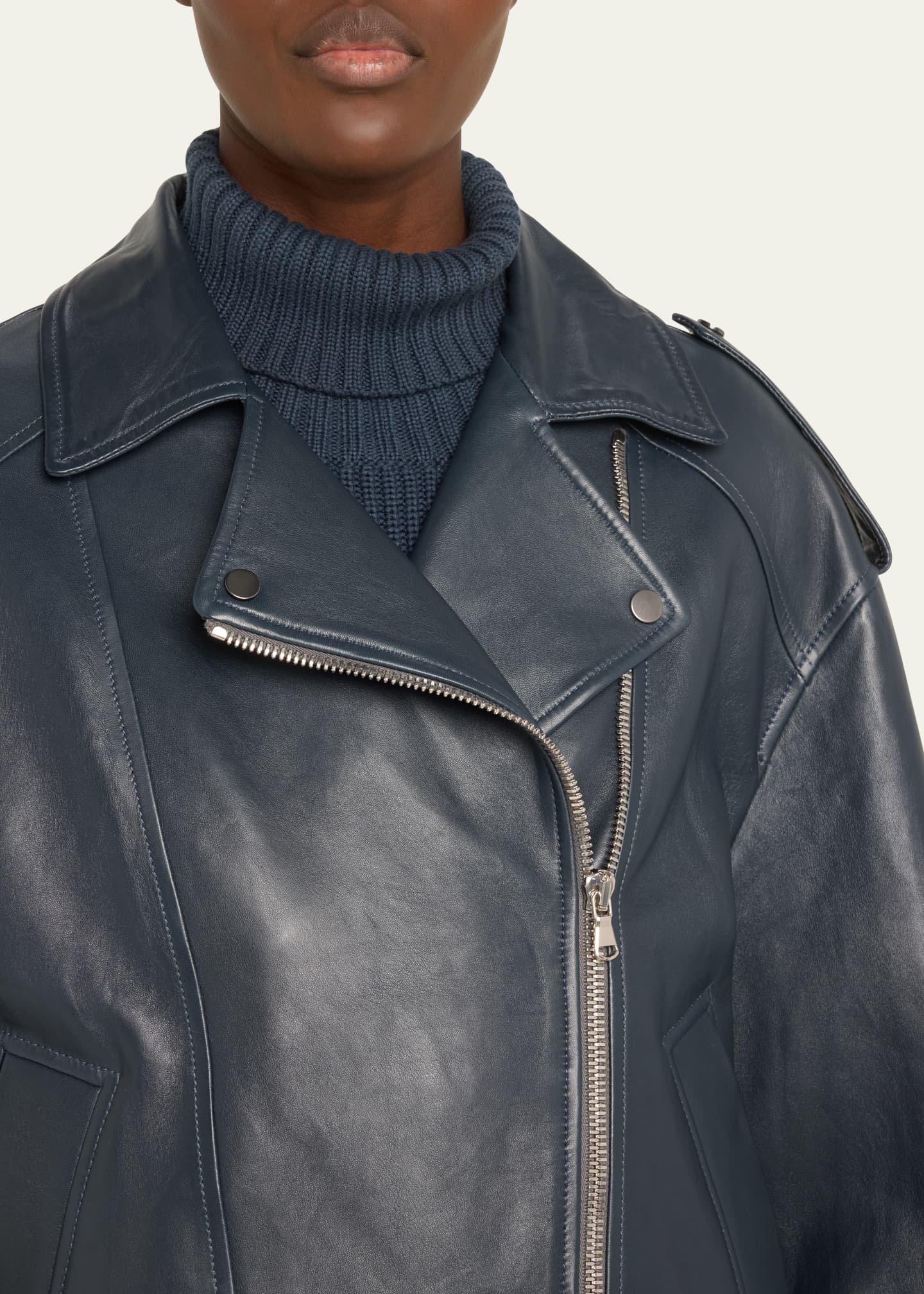 Brunello Cucinelli Smooth Glove Leather Oversized Moto Jacket ...