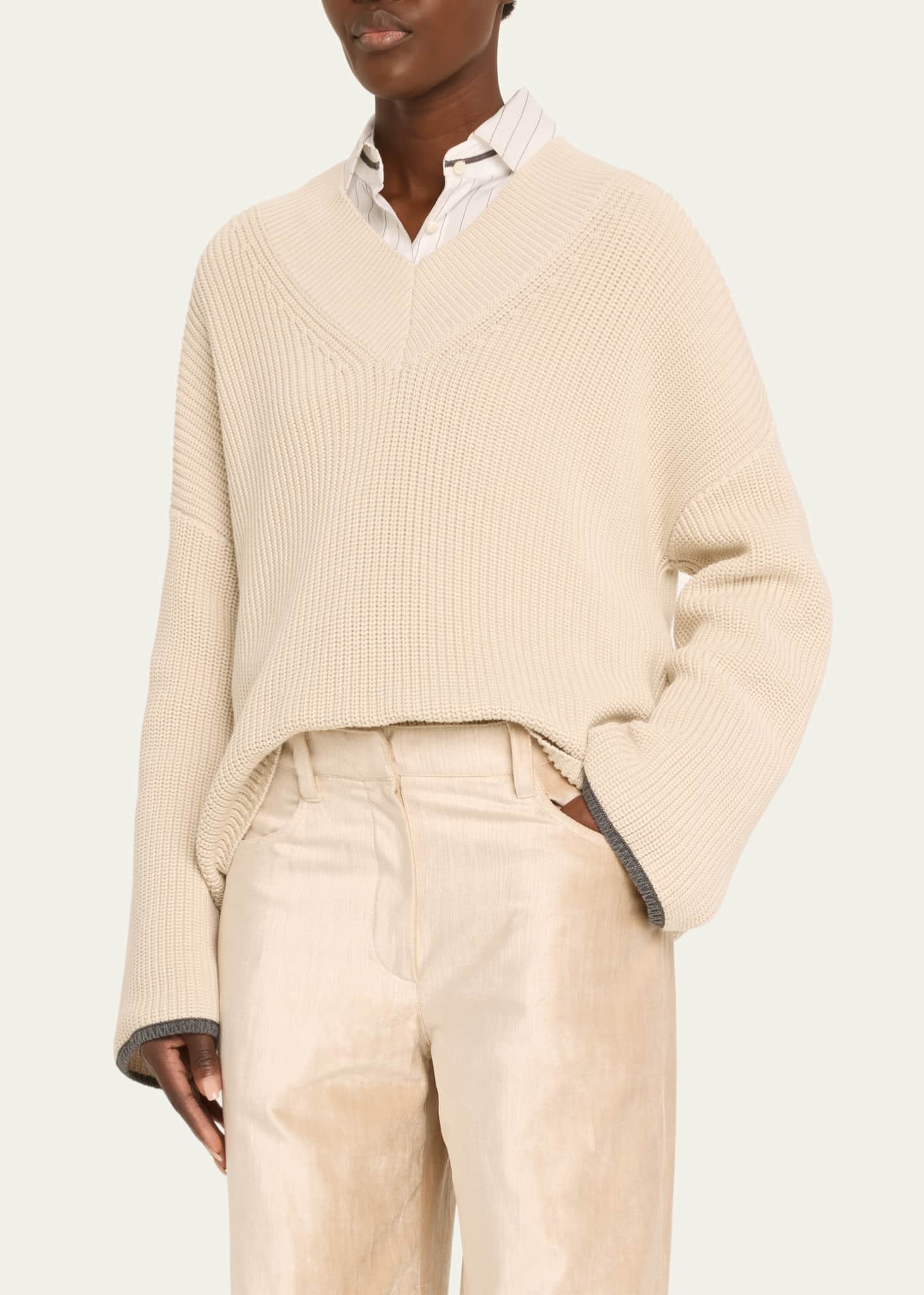 Brunello Cucinelli Exaggerated-Sleeve Ribbed V-Neck Sweater - Bergdorf Goodman