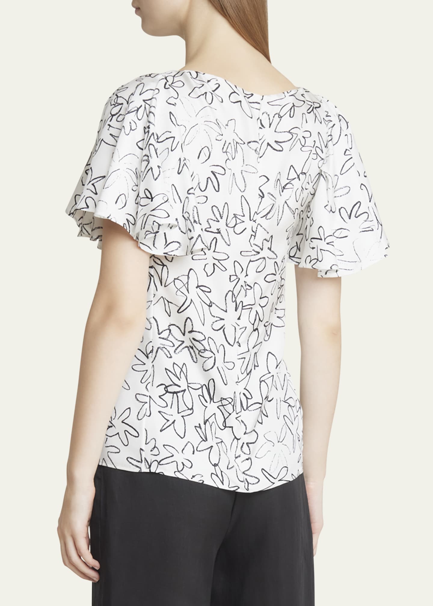 Chloe Doodle Floral Flutter-Sleeve Silk Top - Bergdorf Goodman
