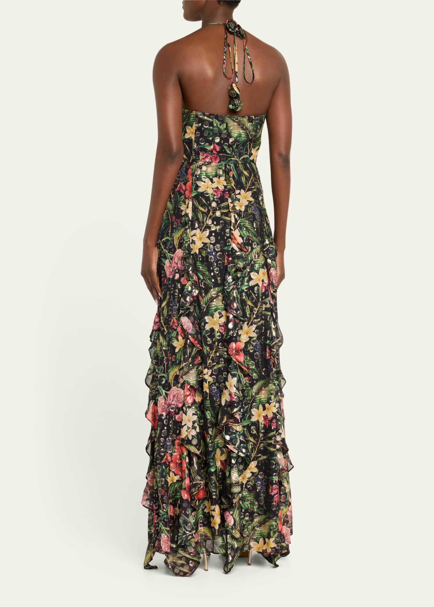 Ramy Brook Idella Metallic Floral-Print Ruffle Halter Gown - Bergdorf Goodman