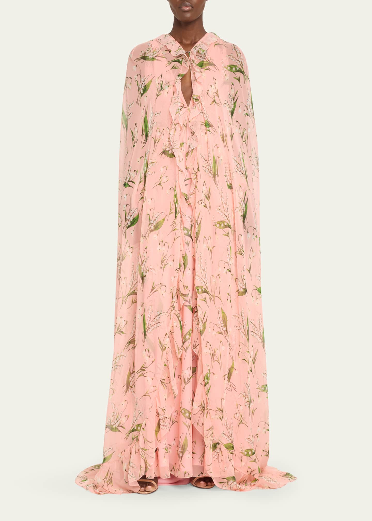 Carolina Herrera Plunging Floral-Print Ruffle Cape Gown - Bergdorf Goodman