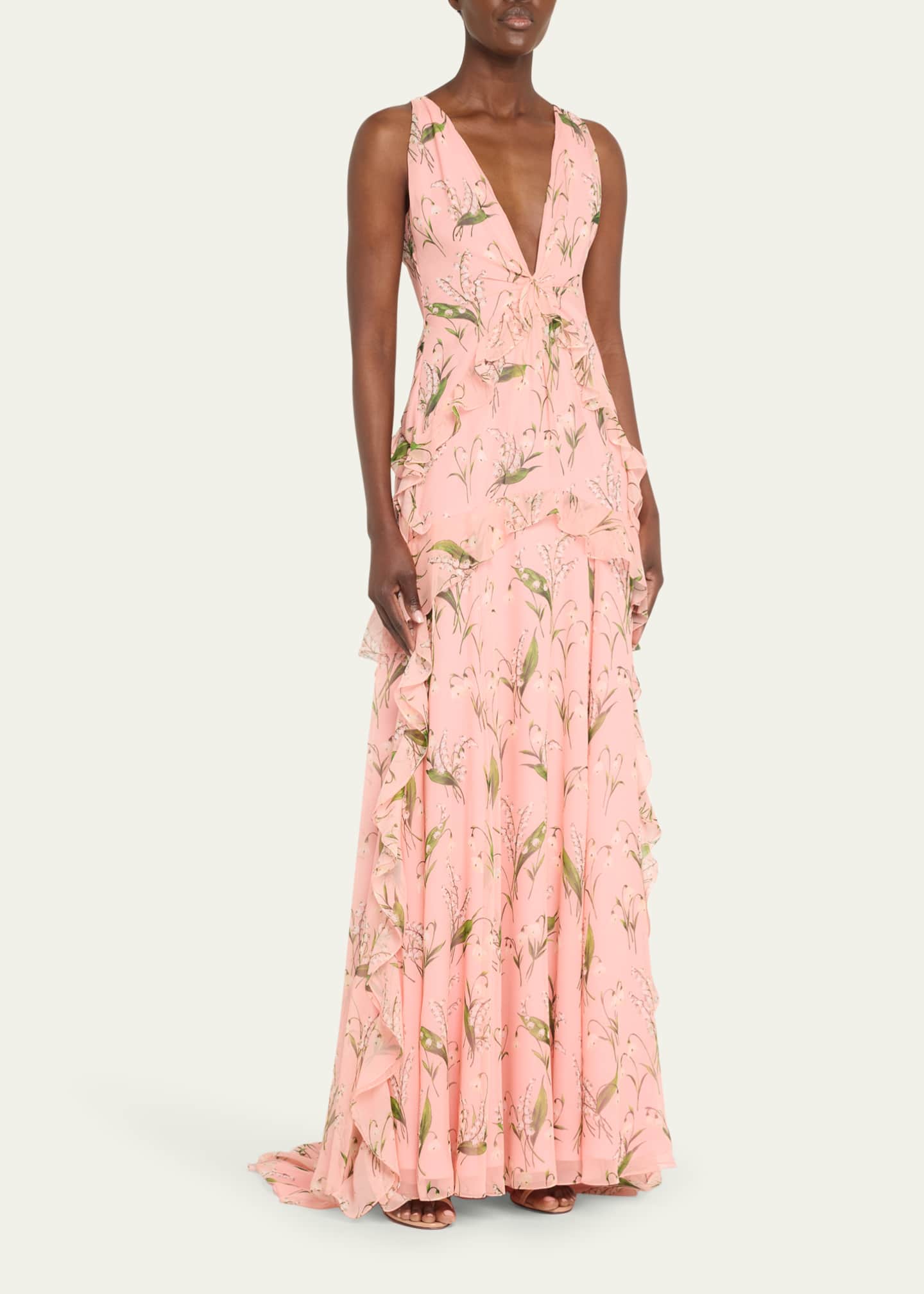 Carolina Herrera Plunging Floral-Print Ruffle Cape Gown - Bergdorf Goodman