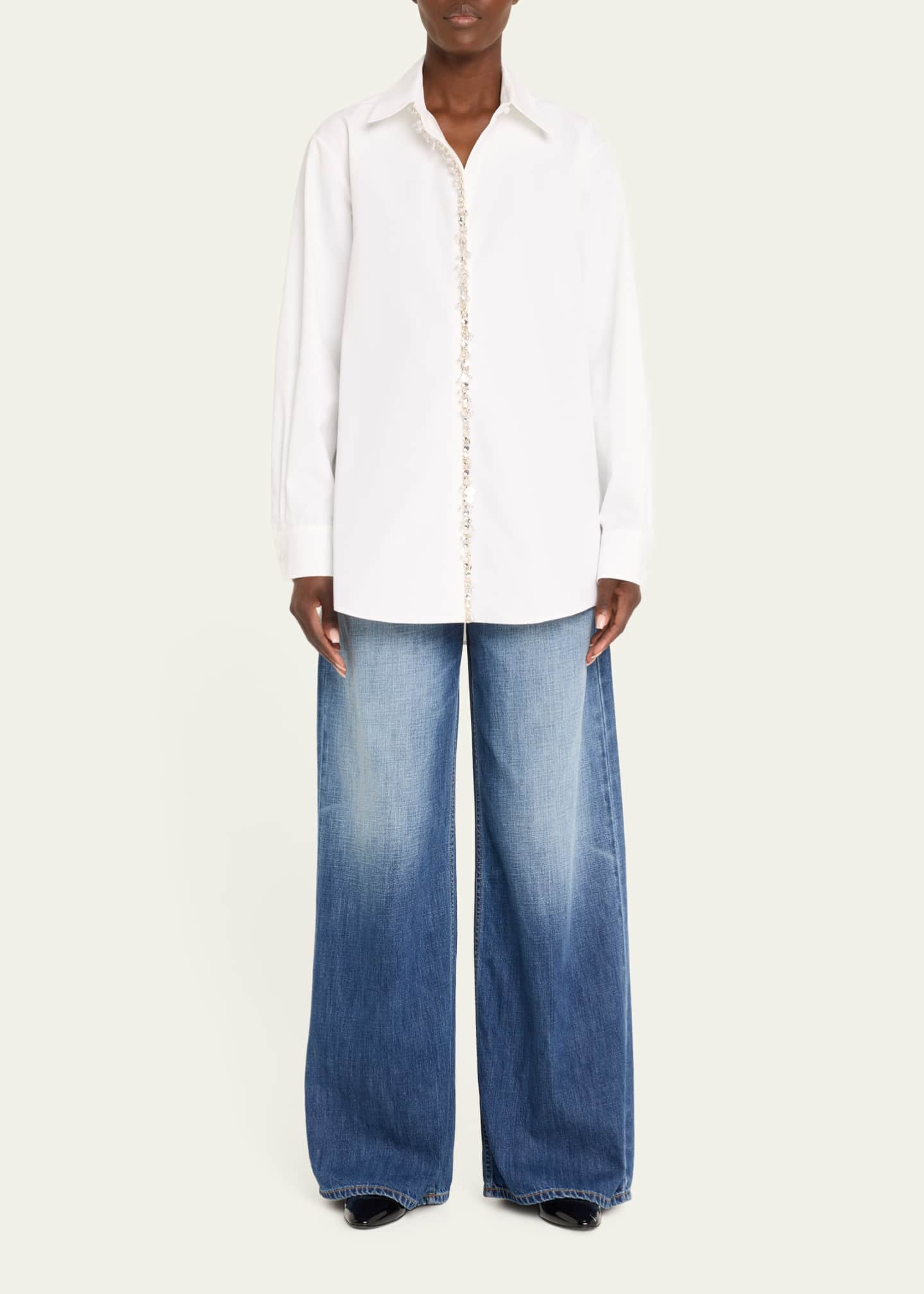 Valentino Garavani Poplin Button-Front Shirt with Crystal Trim Placket ...
