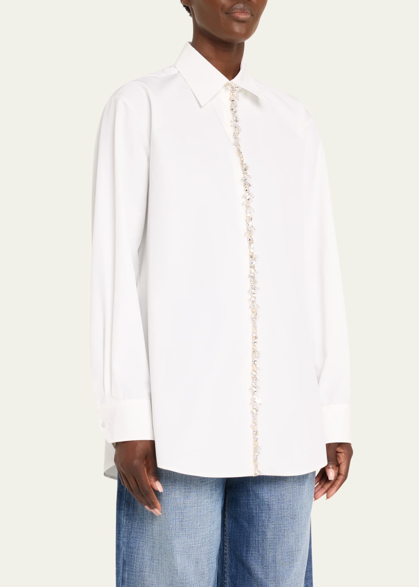 Valentino Garavani Poplin Button-Front Shirt with Crystal Trim Placket ...