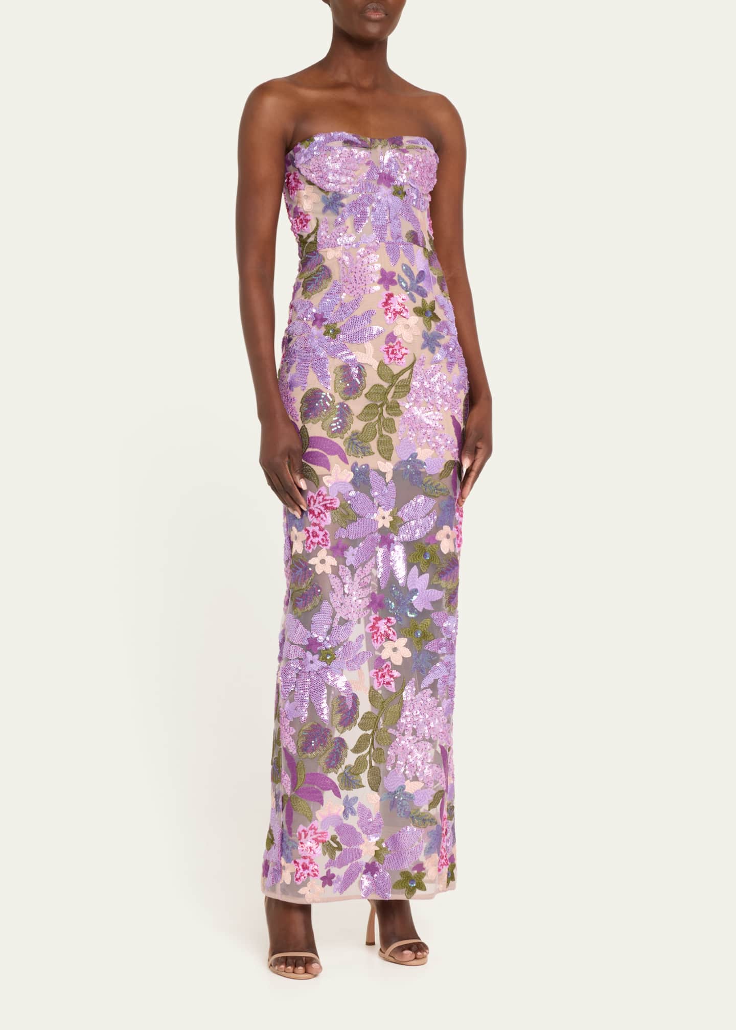 Bronx Banco Dahlia Strapless Floral-Embroidered Sequin Gown - Bergdorf ...