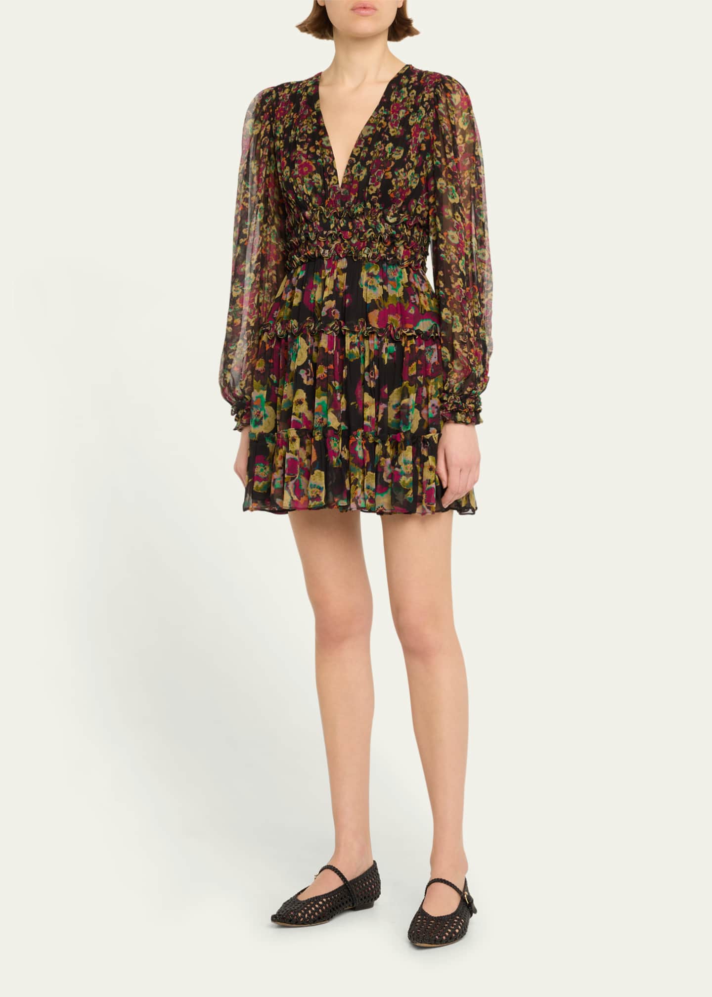 Ulla Johnson Lya Floral Silk Tiered V-Neck Mini Dress - Bergdorf Goodman