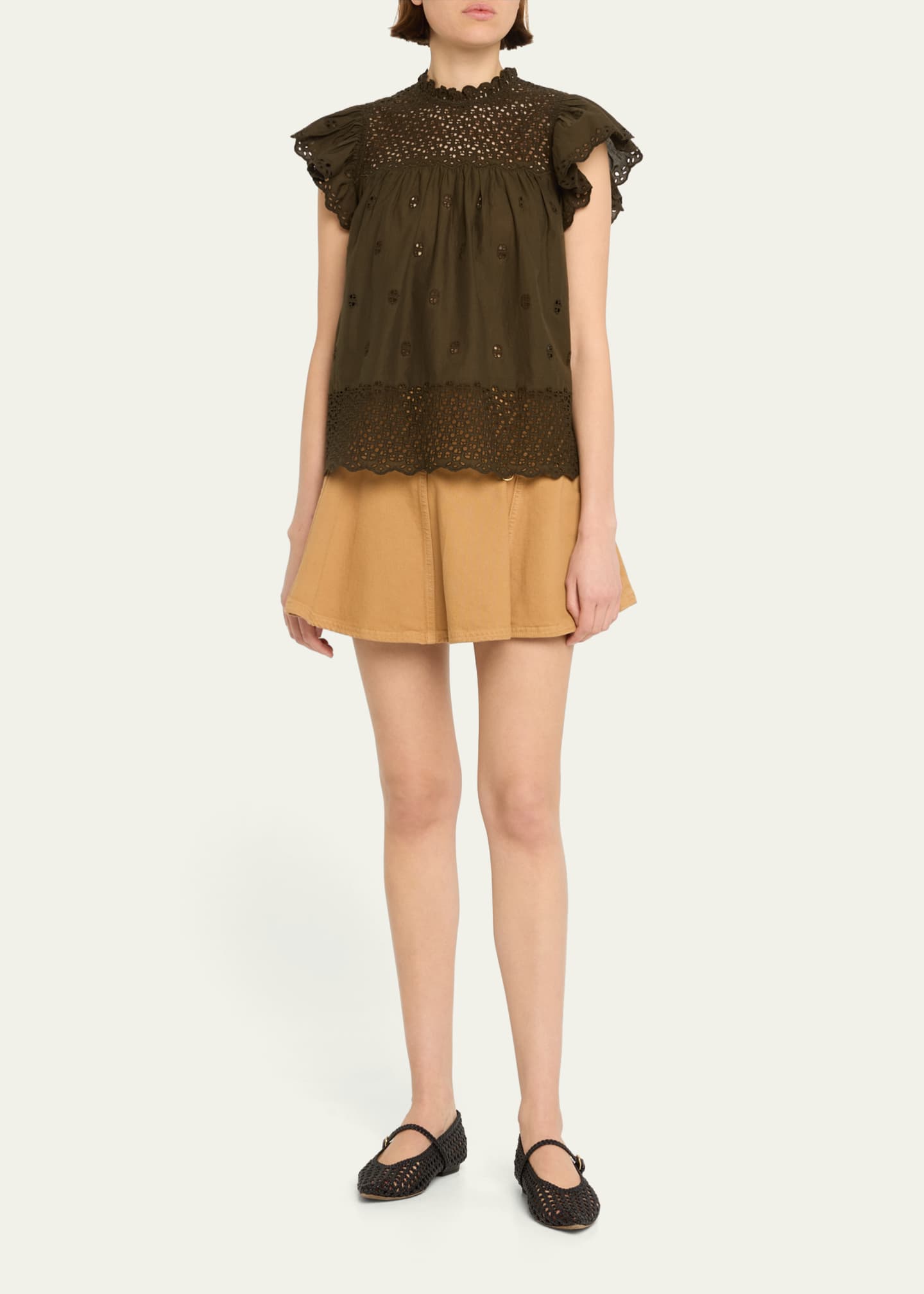 Ulla Johnson Kassi Ruffle-Sleeve Embroidered Cotton Top - Bergdorf Goodman