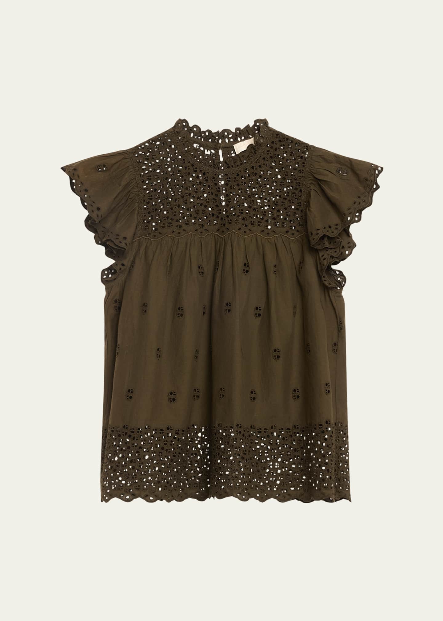 Ulla Johnson Kassi Ruffle-Sleeve Embroidered Cotton Top - Bergdorf Goodman