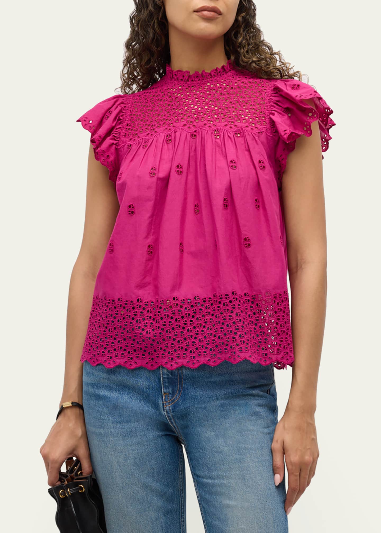 Ulla Johnson Kassi Ruffle-Sleeve Embroidered Cotton Top - Bergdorf Goodman