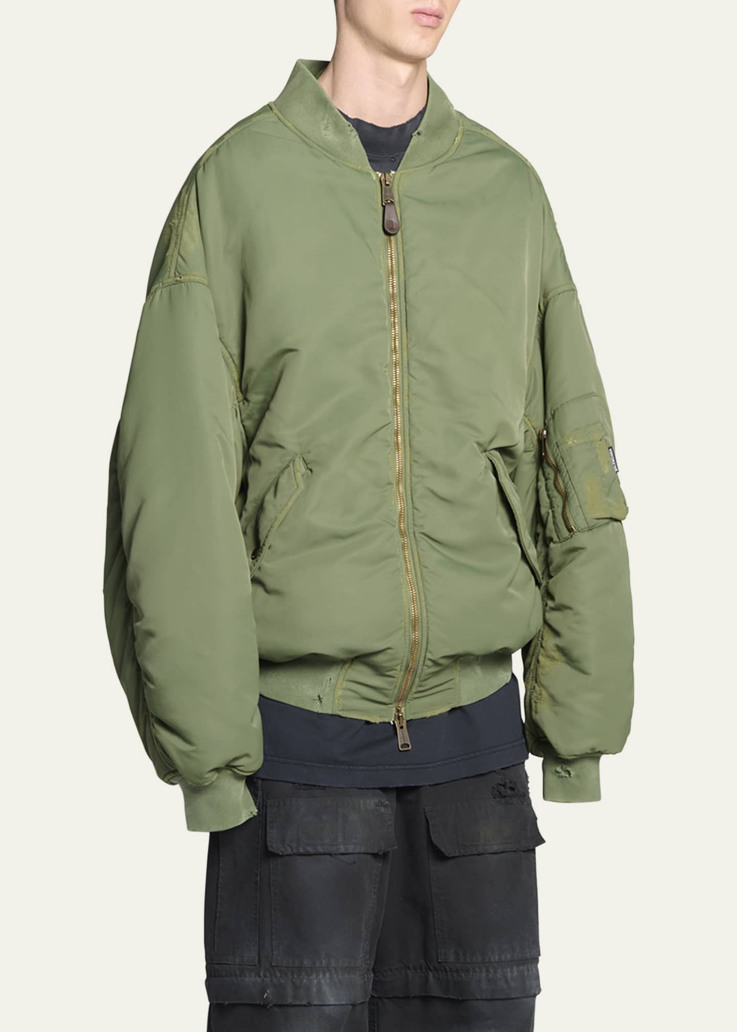 Balenciaga Men's Off-Shoulder Distressed Bomber Jacket - Bergdorf Goodman