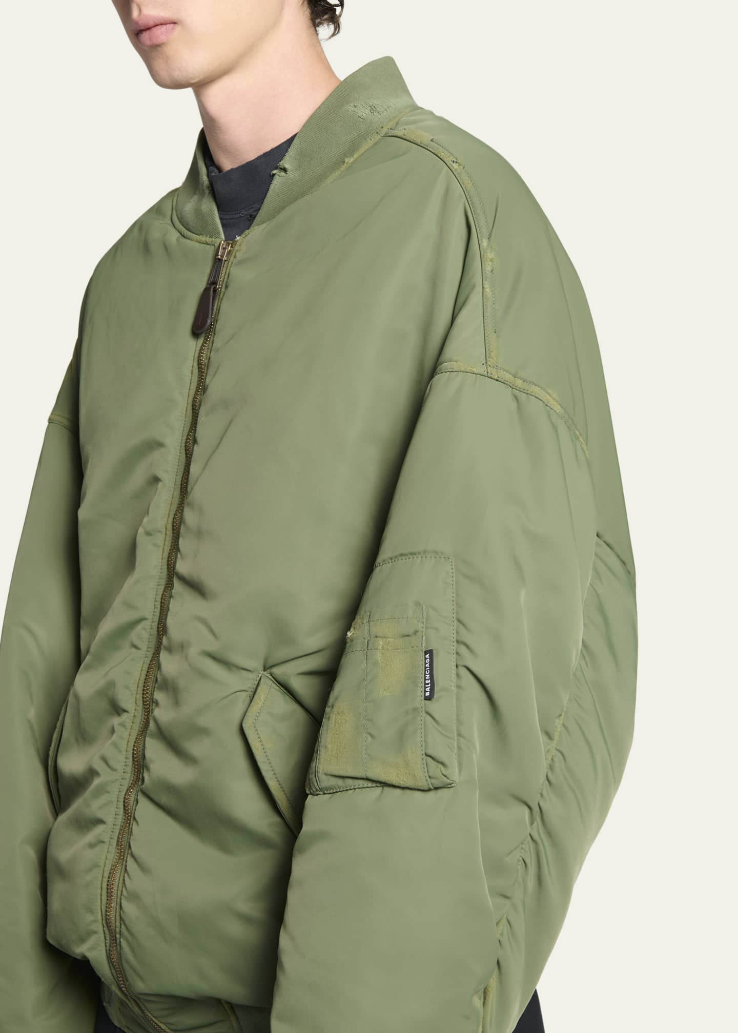 Balenciaga Men's Off-Shoulder Distressed Bomber Jacket - Bergdorf Goodman