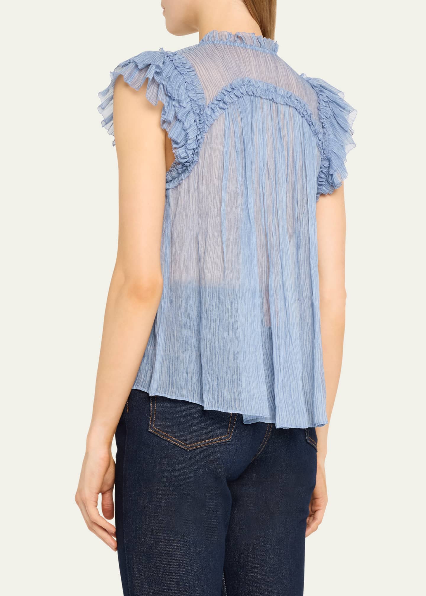 Ulla Johnson Clea Crinkled Flutter-Sleeve Top - Bergdorf Goodman