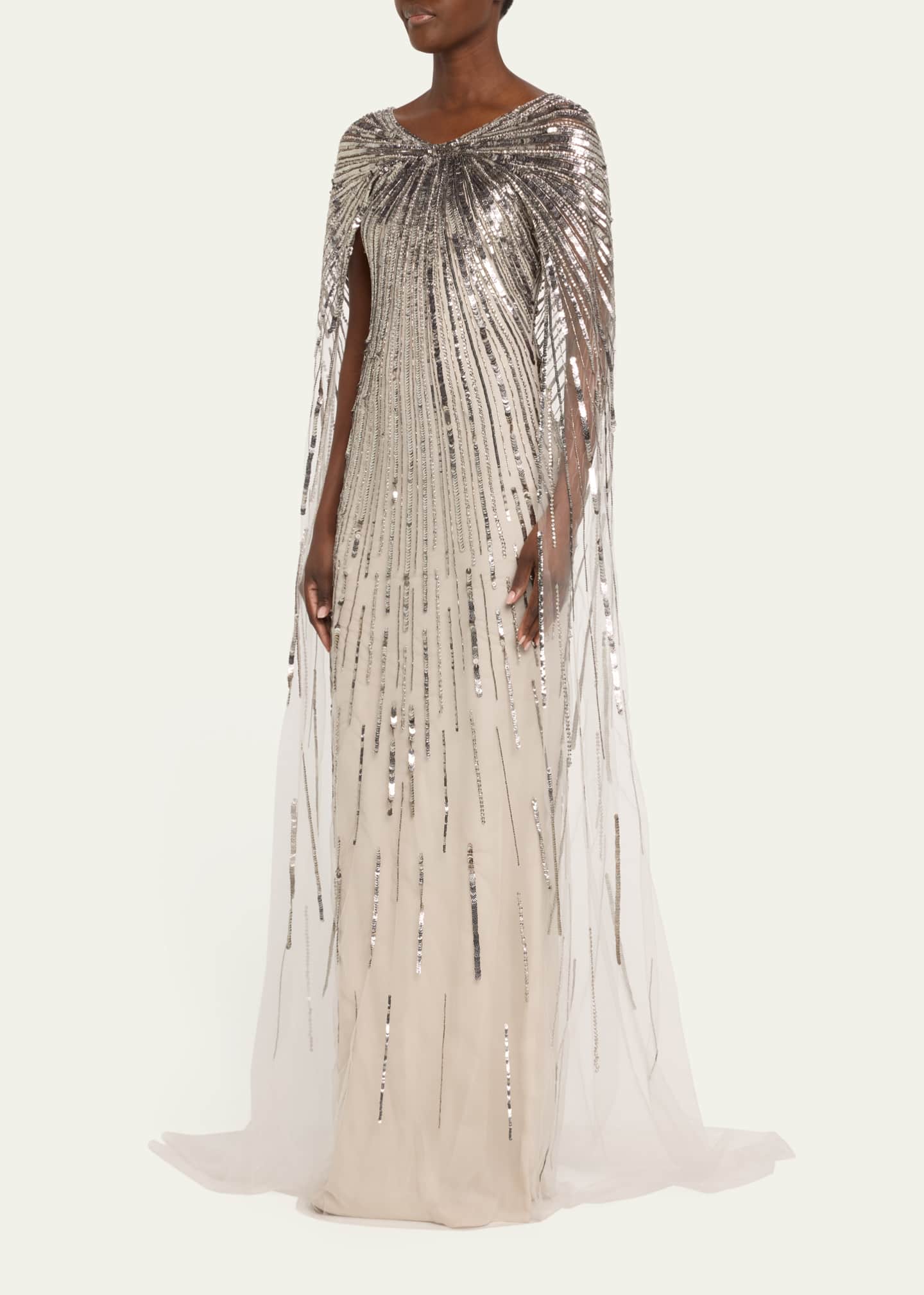 Pamella Roland Silver Sequined Gown with Sheer Cape - Bergdorf Goodman