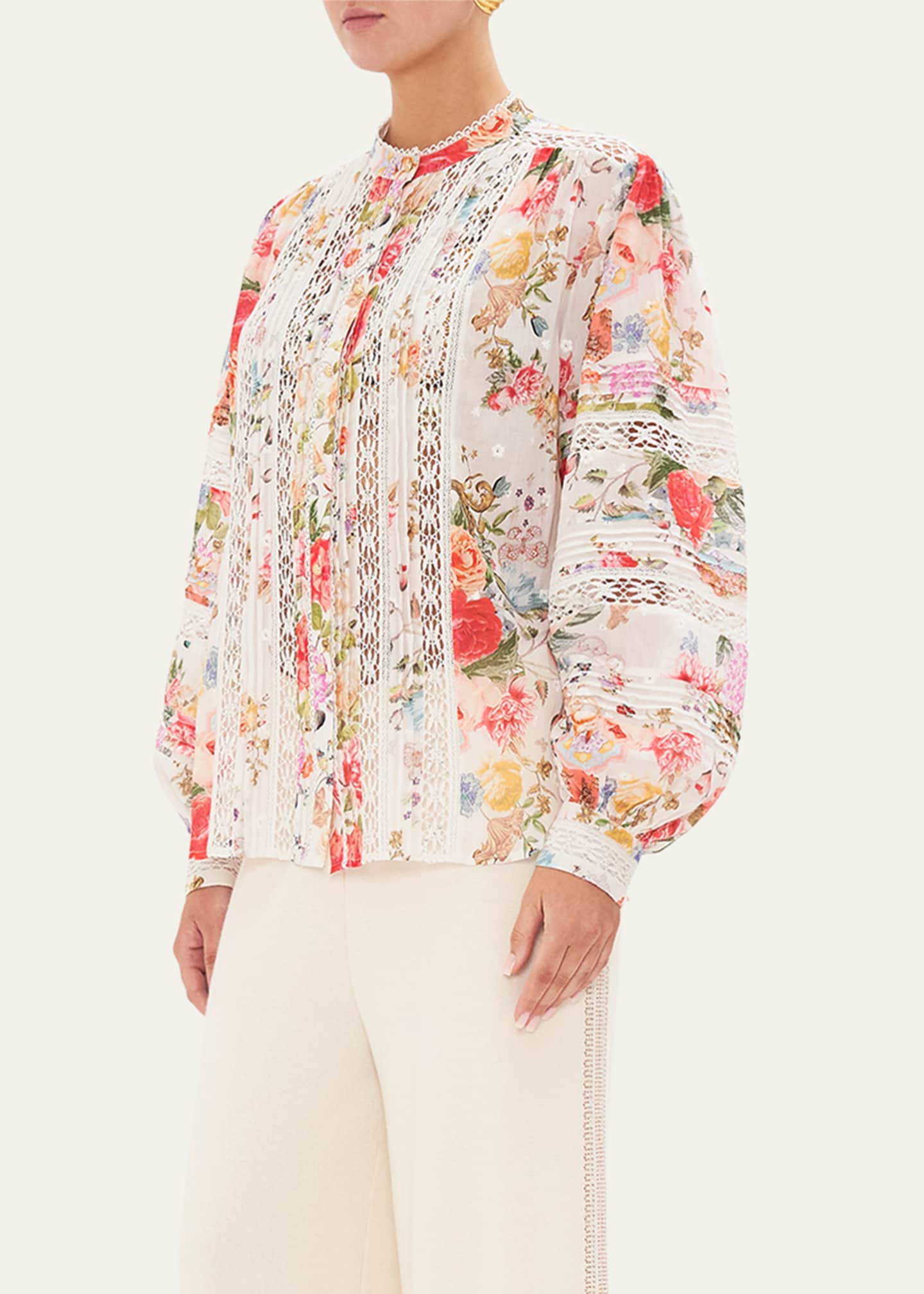 Camilla Lace-Trim Floral Cotton Blouson-Sleeve Blouse - Bergdorf Goodman