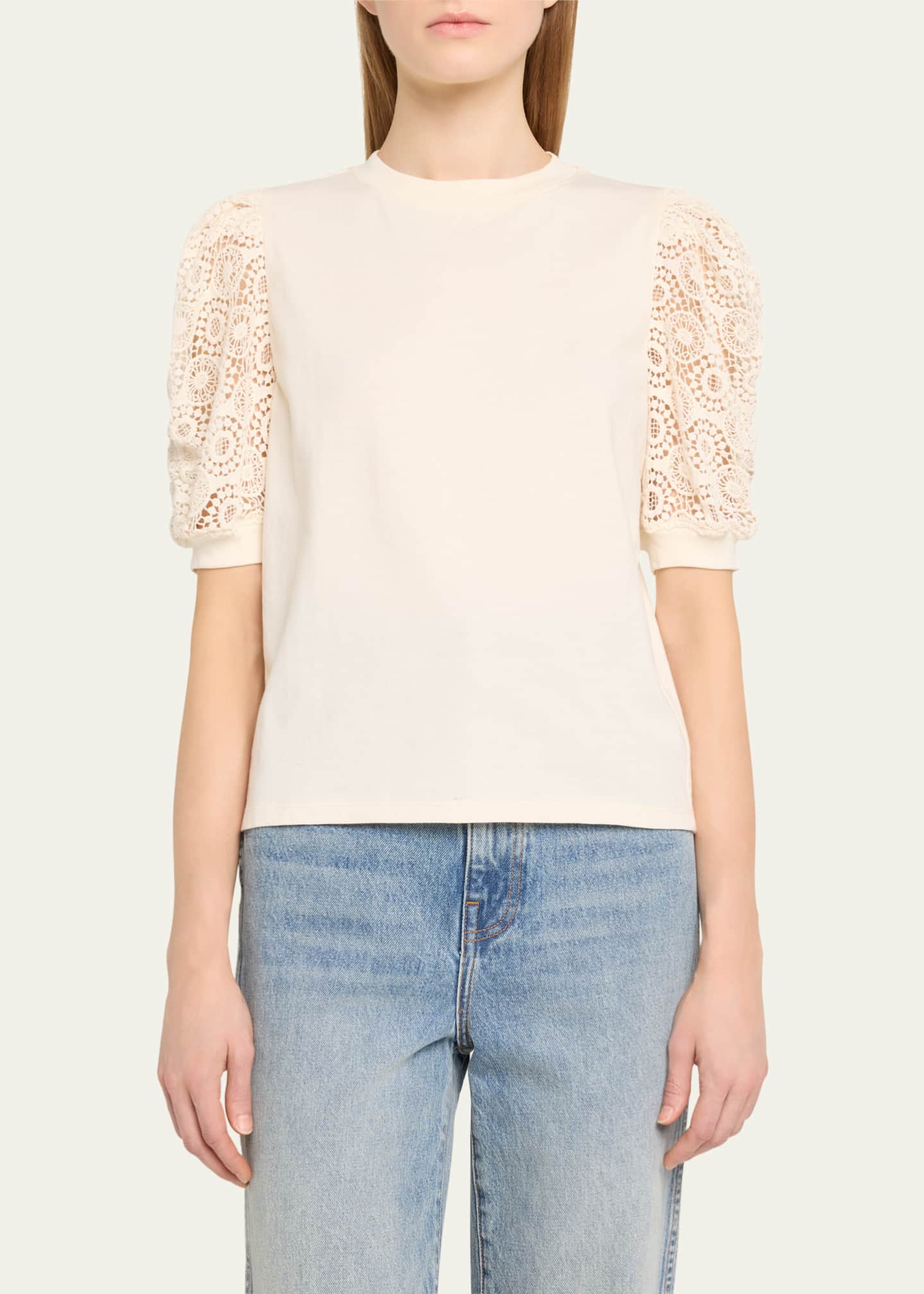 FRAME Frankie Lace-Sleeve Tee - Bergdorf Goodman