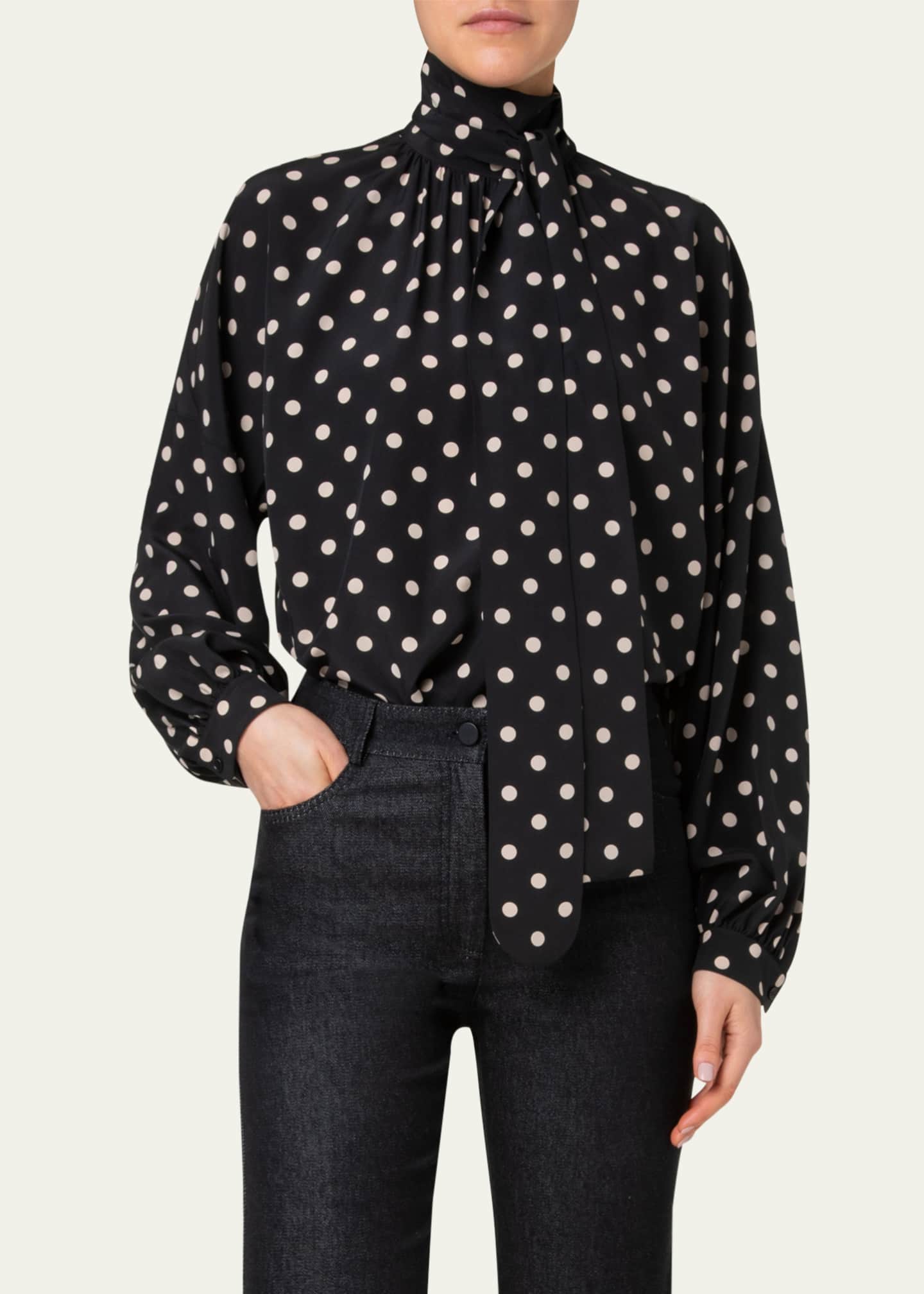 Akris punto Crepe De Chine Dot Print Blouse with Tie Neck - Bergdorf Goodman