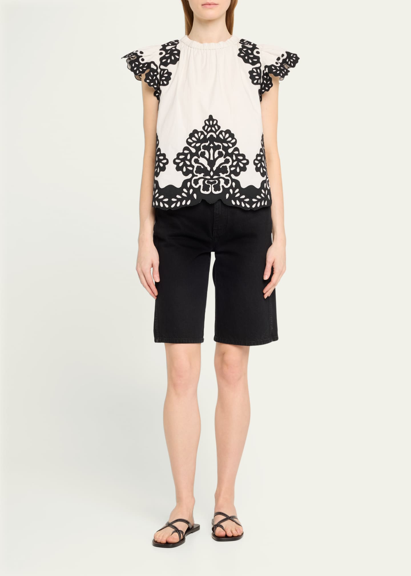 Sea Laila Embroidered Flutter-Sleeve Top - Bergdorf Goodman