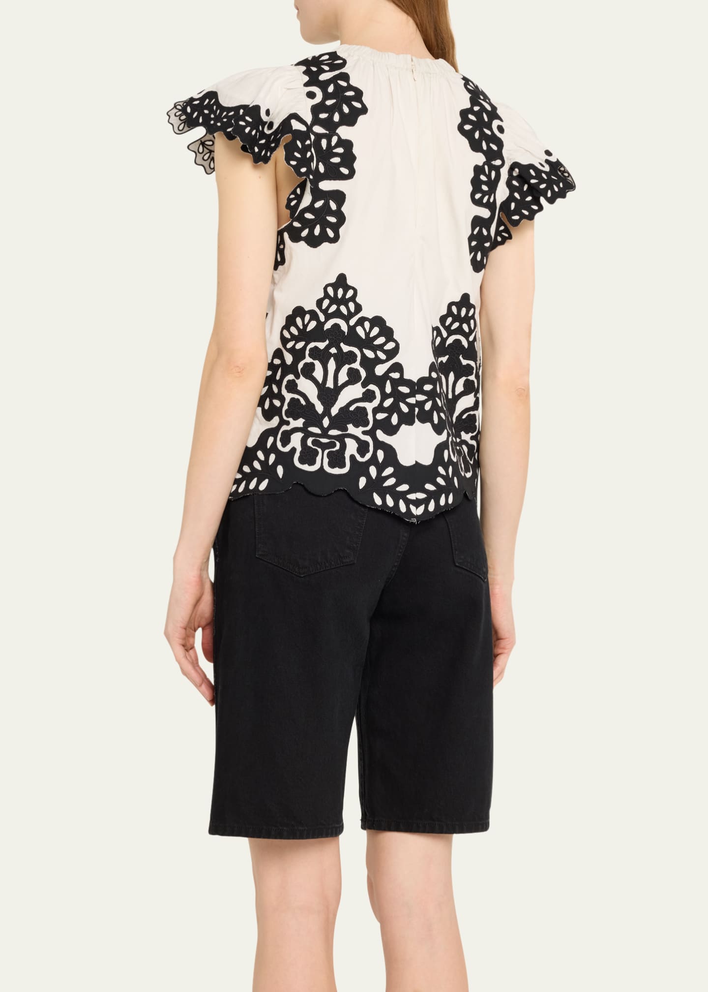 Sea Laila Embroidered Flutter-Sleeve Top - Bergdorf Goodman