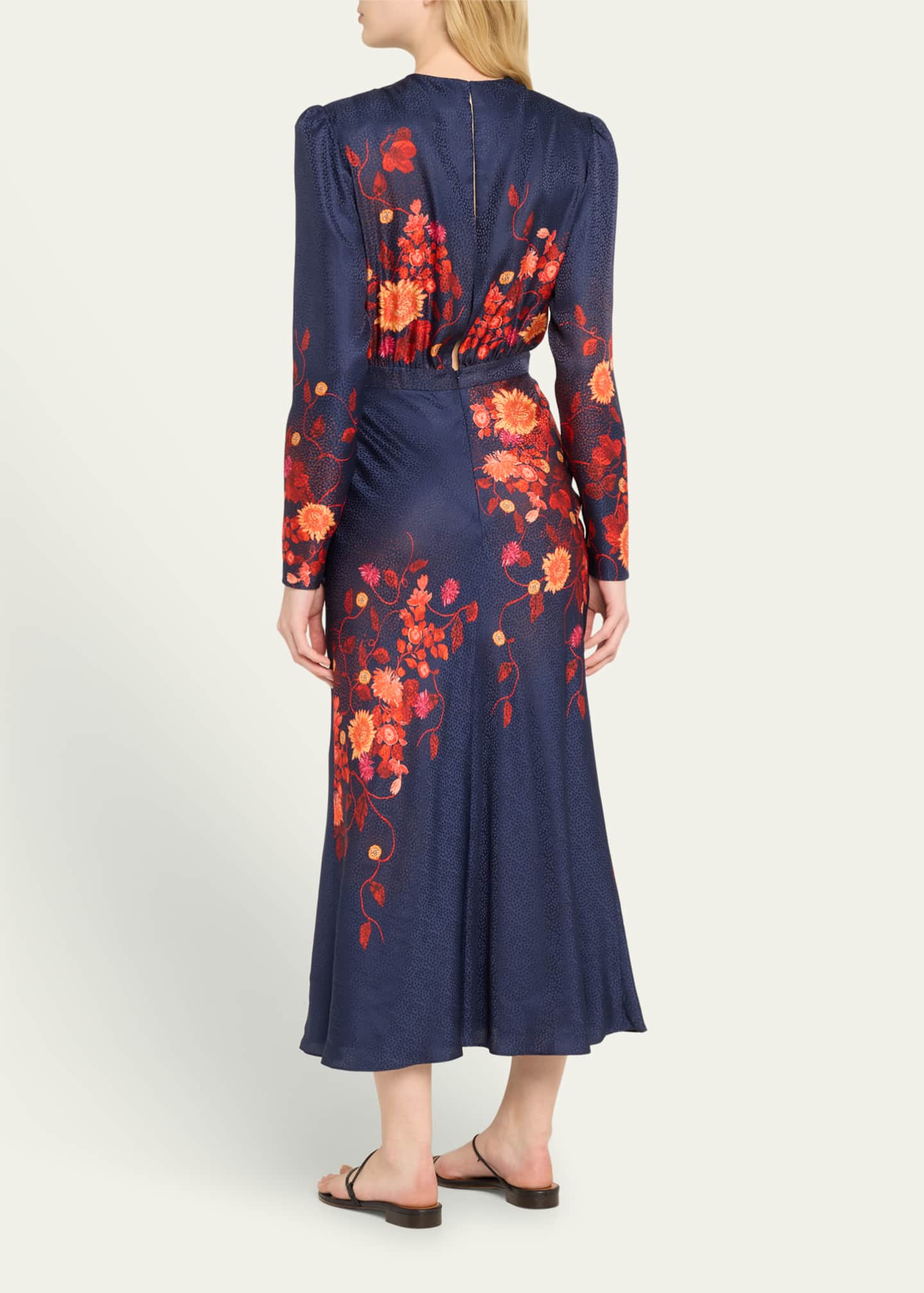 Saloni Claudia Floral Silk Long-Sleeve Fluted Midi Dress - Bergdorf Goodman