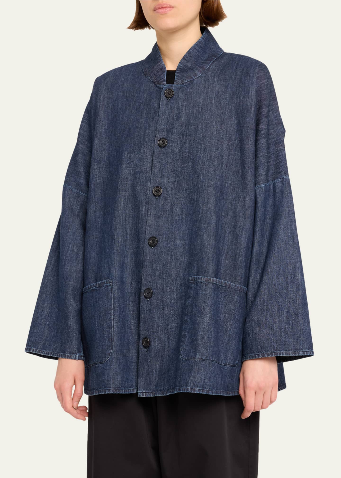 Eskandar Denim Imperial Shirt with Chinese Collar (Long Length ...