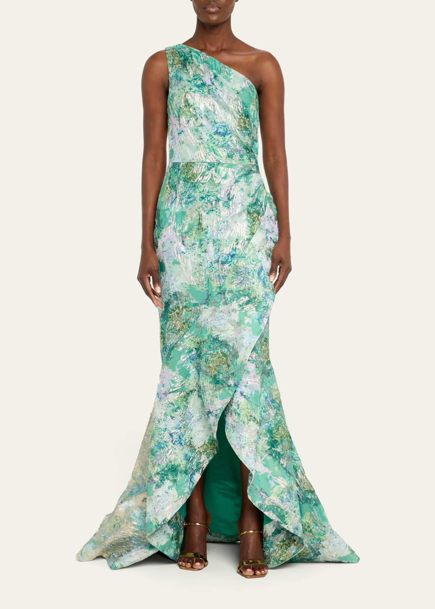 Rickie Freeman for Teri Jon One-Shoulder High-Low Jacquard Gown ...