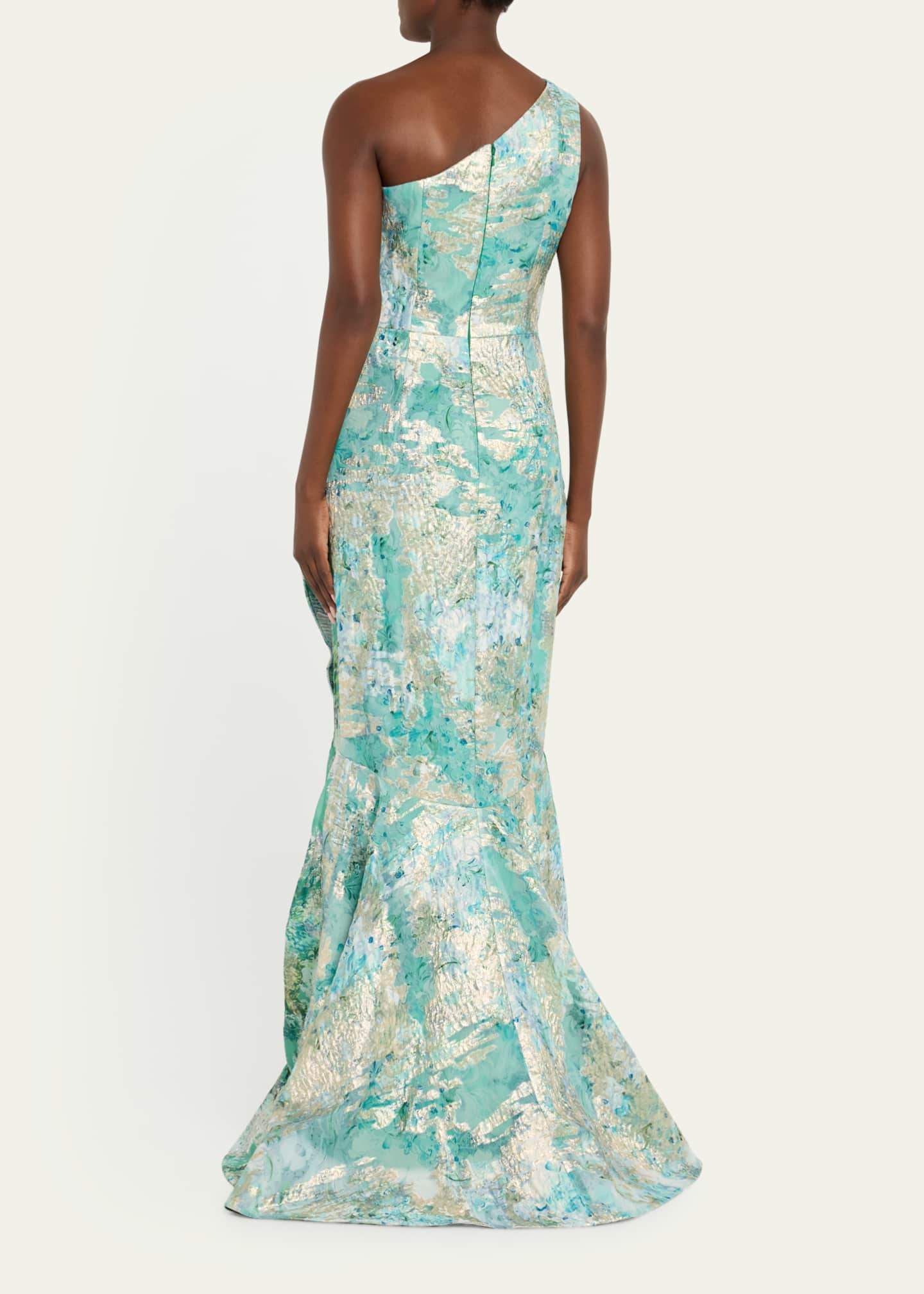 Rickie Freeman for Teri Jon One-Shoulder High-Low Jacquard Gown ...