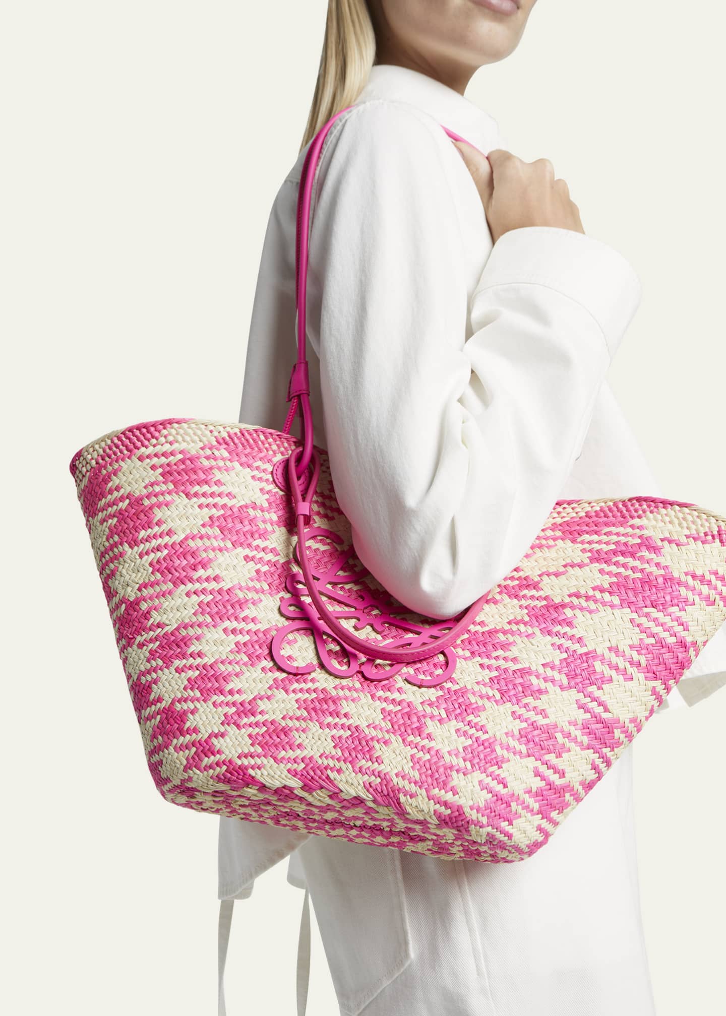 Loewe x Paula’s Ibiza Medium Anagram Basket Tote Bag in Checkered Iraca ...
