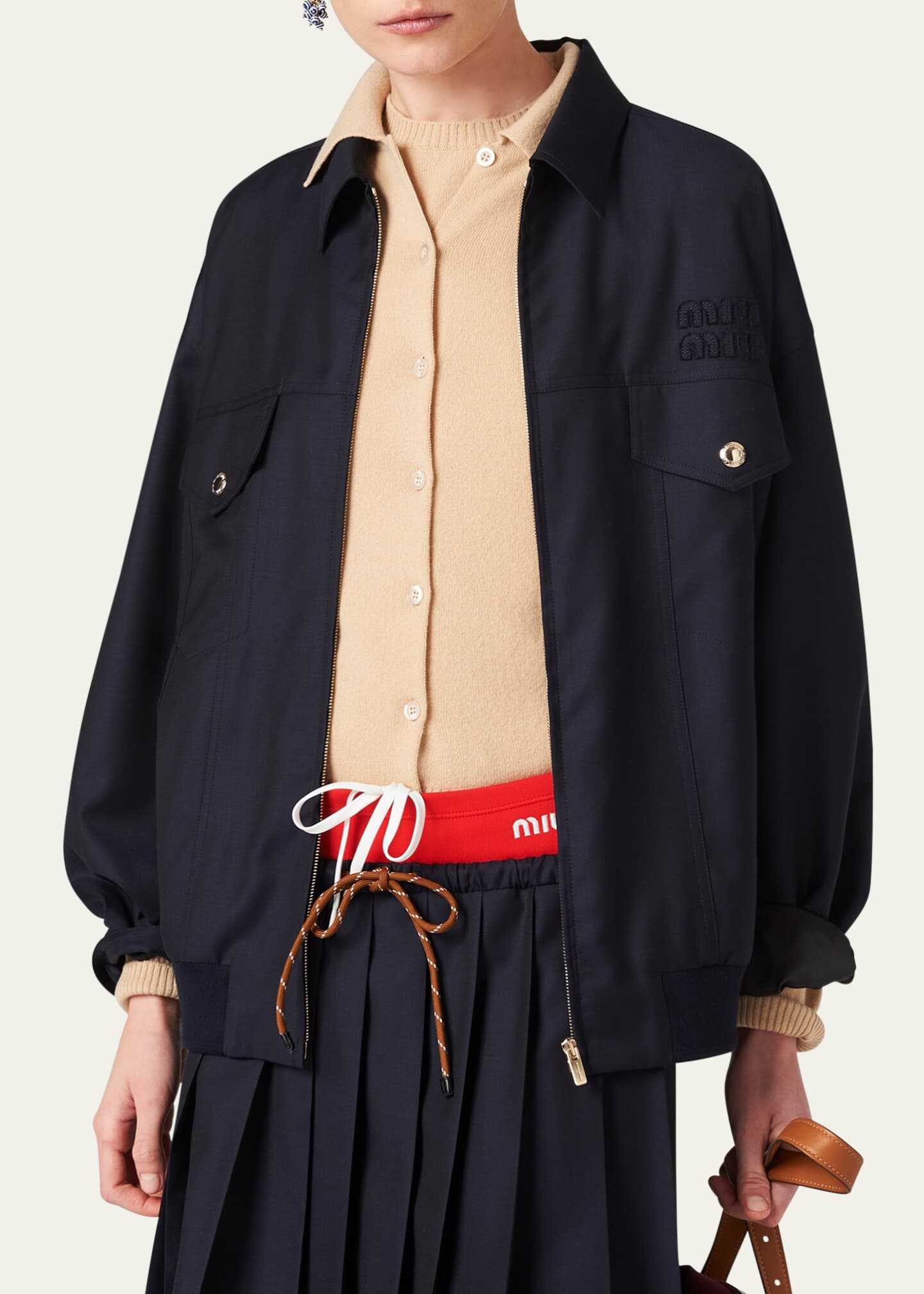 Miu Miu Zip-Up Wool Bomber Jacket with Logo Detail - Bergdorf Goodman