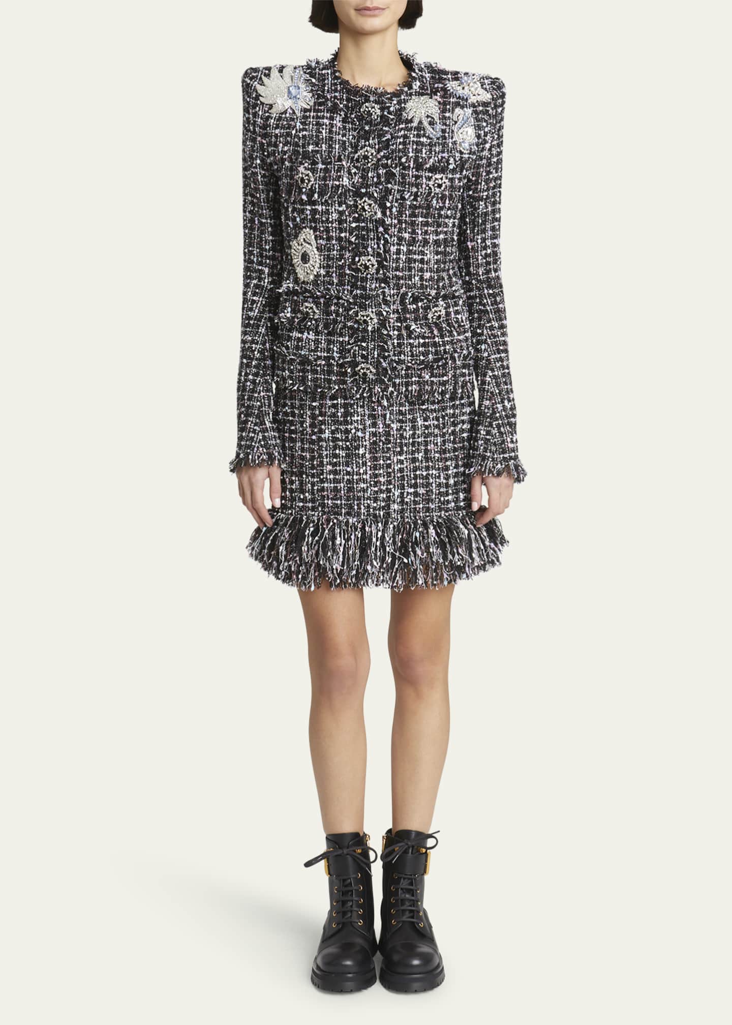 Balmain Crystal Patch Tweed Fringe Collarless Jacket - Bergdorf Goodman