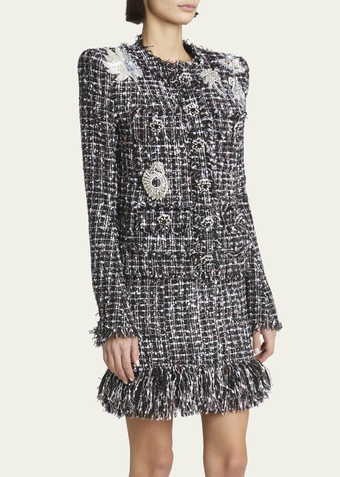 Balmain Crystal Patch Tweed Fringe Collarless Jacket - Bergdorf Goodman