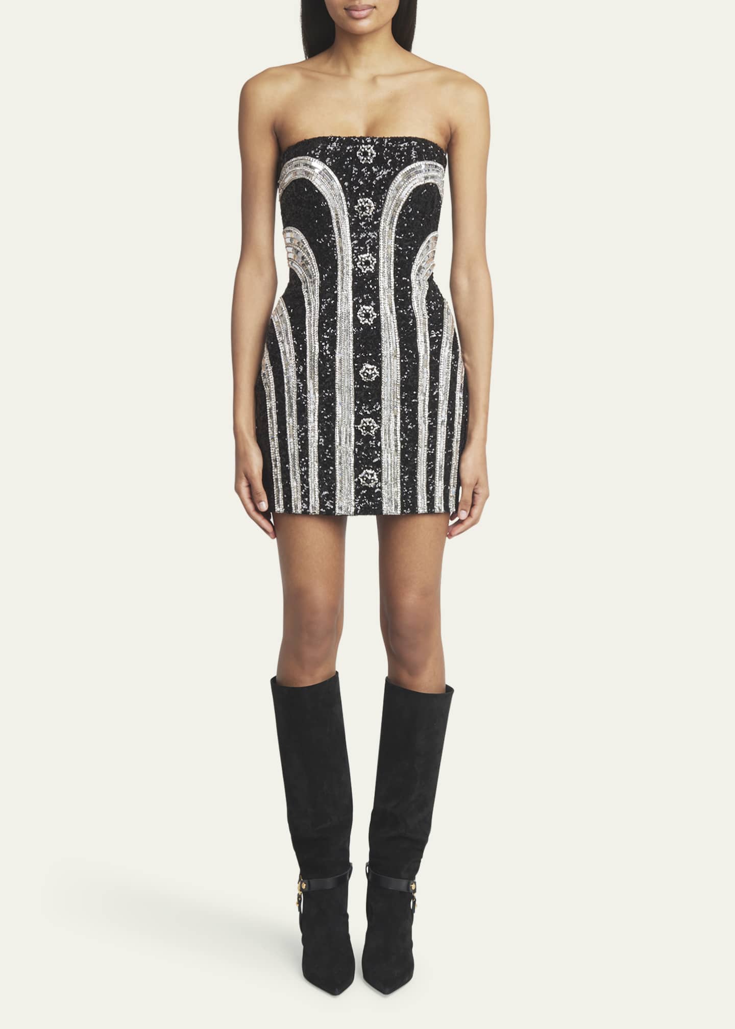 Balmain Embroidered Sequin Bustier Stripe Mini Dress - Bergdorf Goodman
