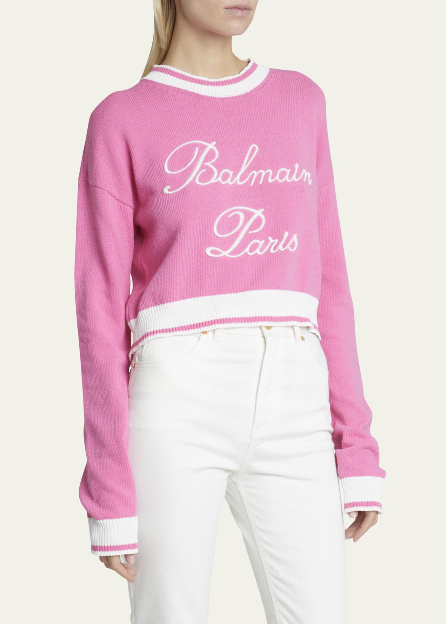 Balmain Cropped Knit Sweater with Logo Detail - Bergdorf Goodman
