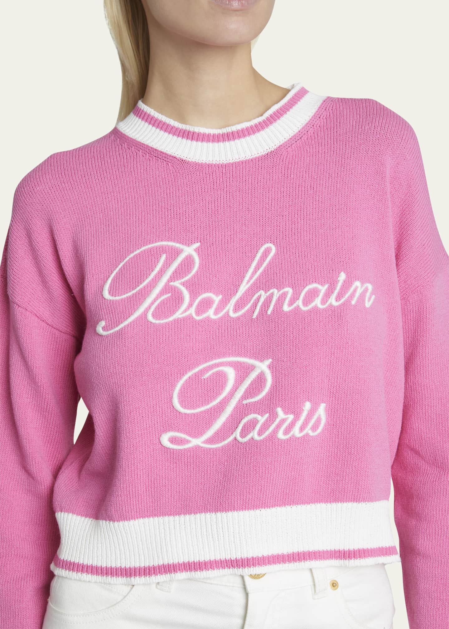Balmain Cropped Knit Sweater with Logo Detail - Bergdorf Goodman