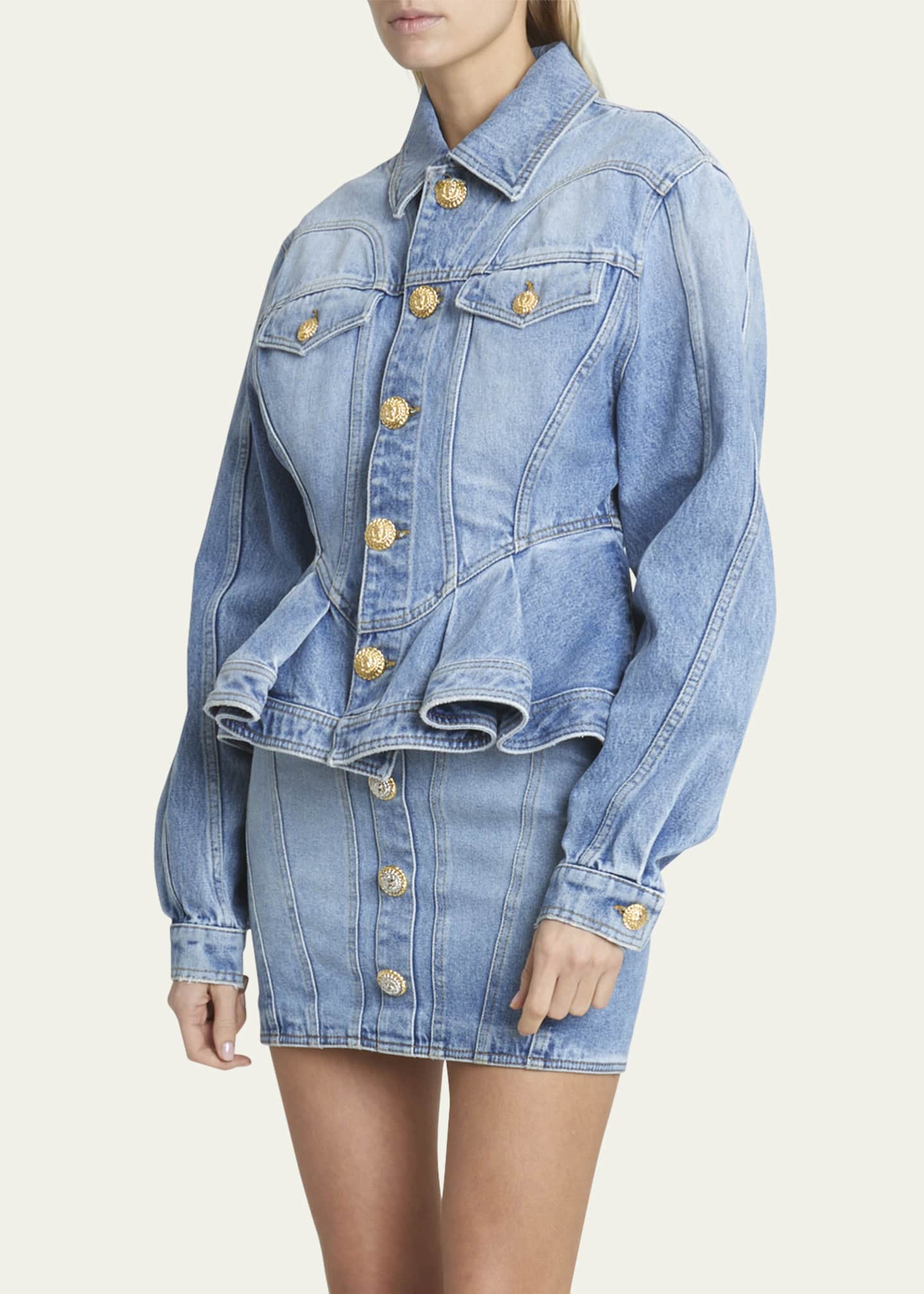 Balmain Peplum Denim Jacket with Gold-Tone Buttons - Bergdorf Goodman