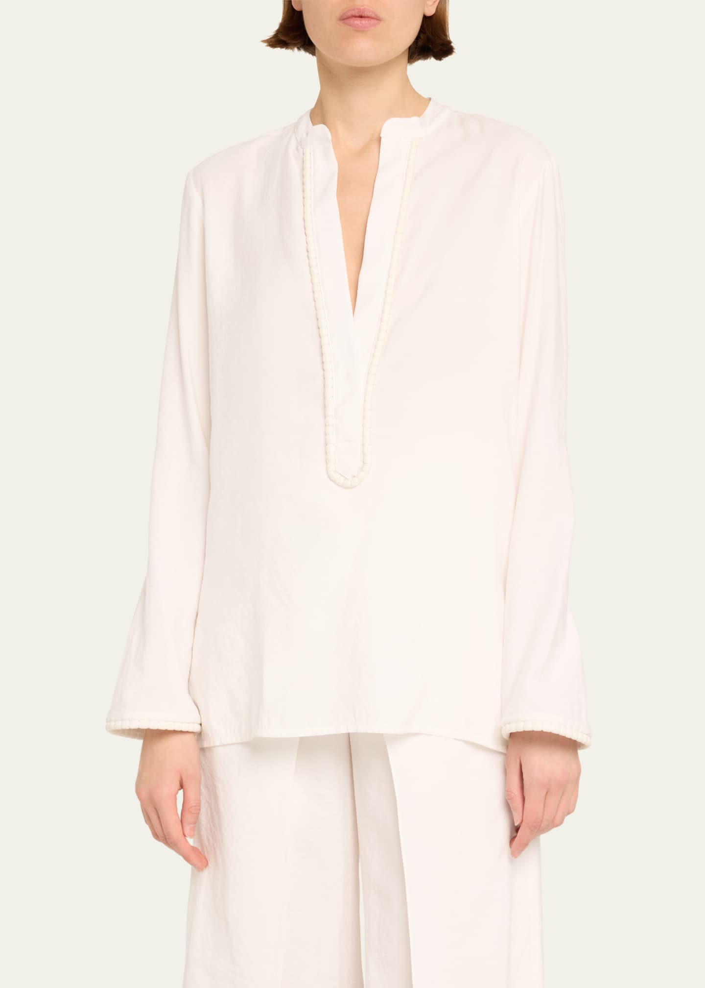 Silvia Tcherassi Shera Piped Split V-Neck Long-Sleeve Blouse - Bergdorf ...