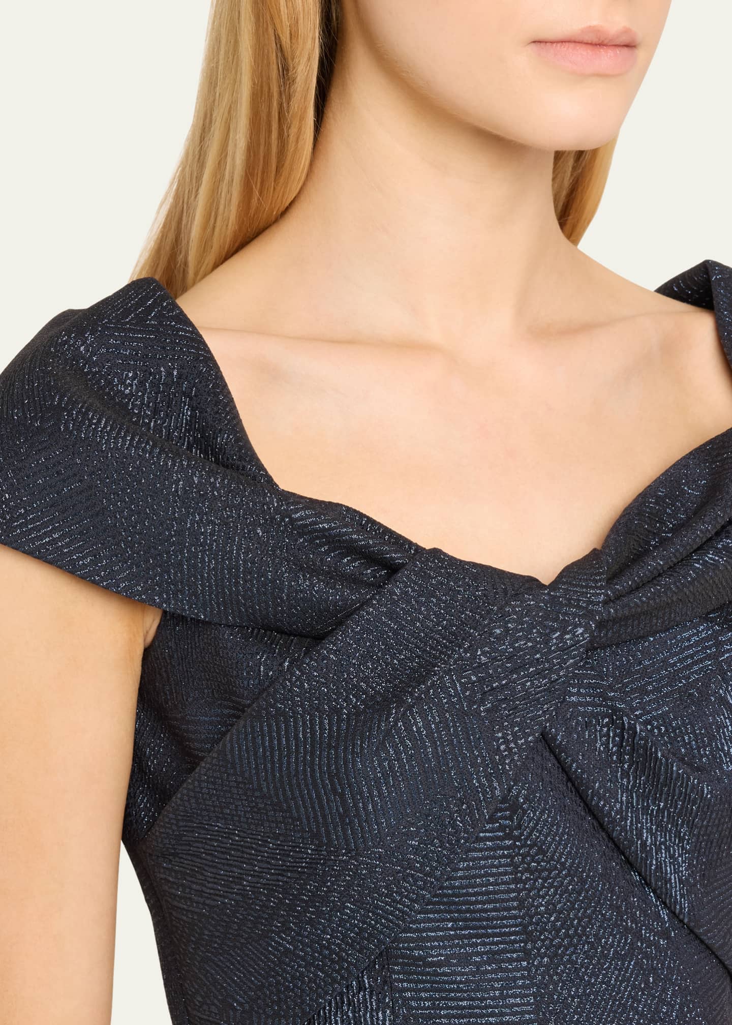 Rickie Freeman for Teri Jon Twist-Front Metallic Jacquard Column Gown ...