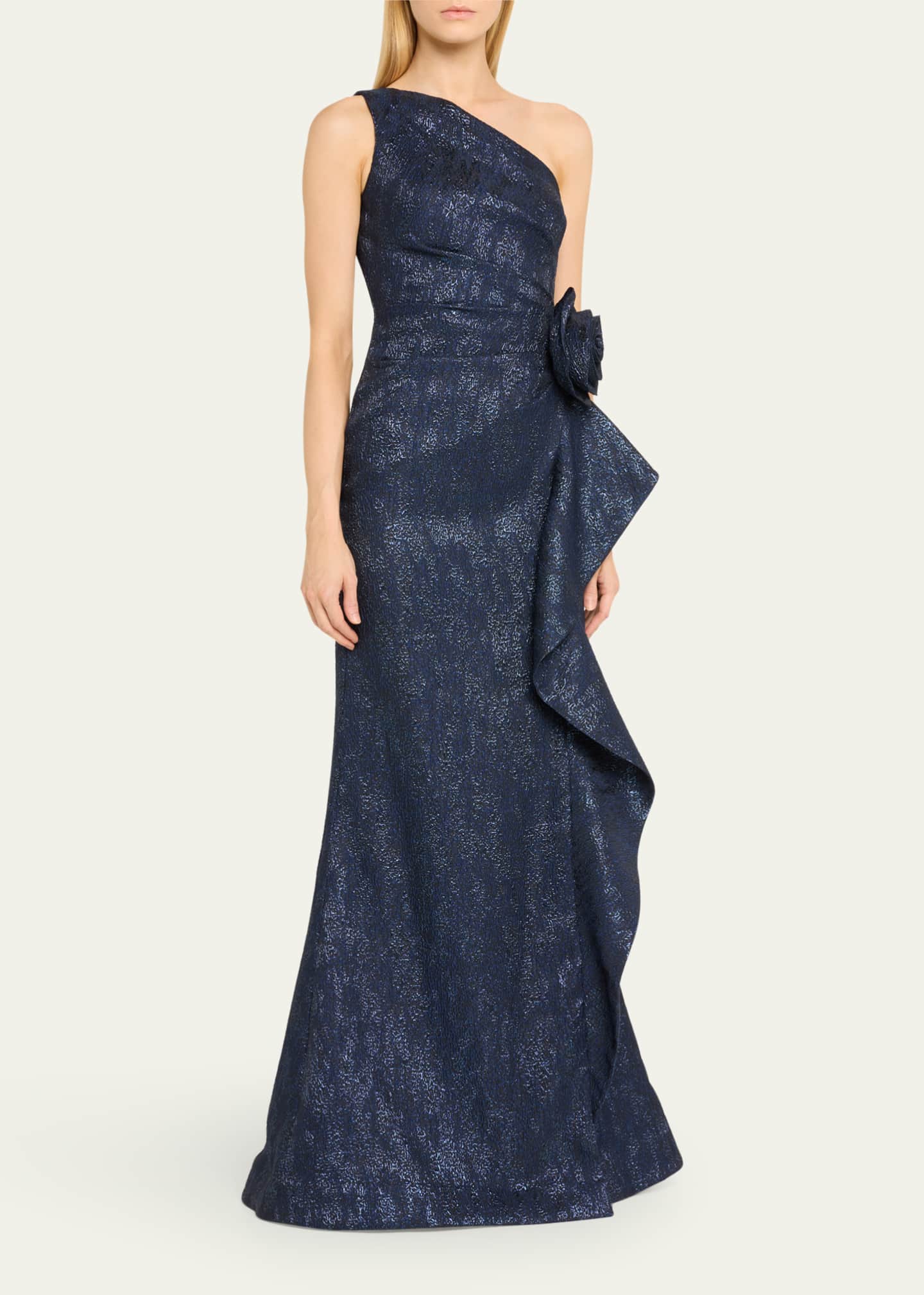 Rickie Freeman for Teri Jon One-Shoulder Metallic Jacquard Gown ...
