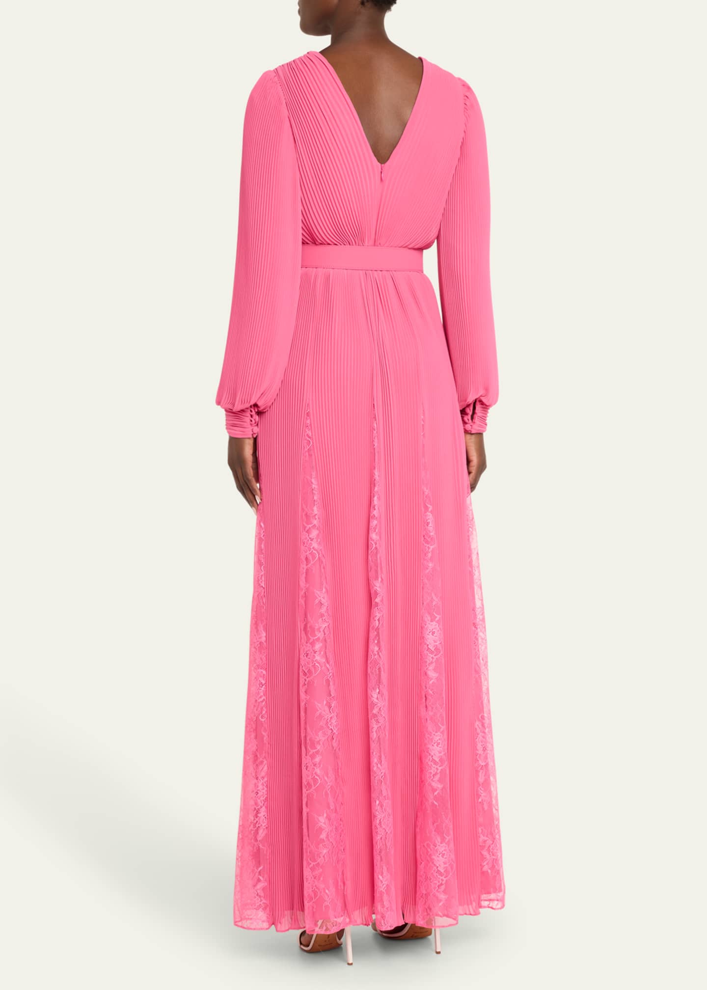 Badgley Mischka Collection Pleated Lace-Inset Godet Gown - Bergdorf Goodman